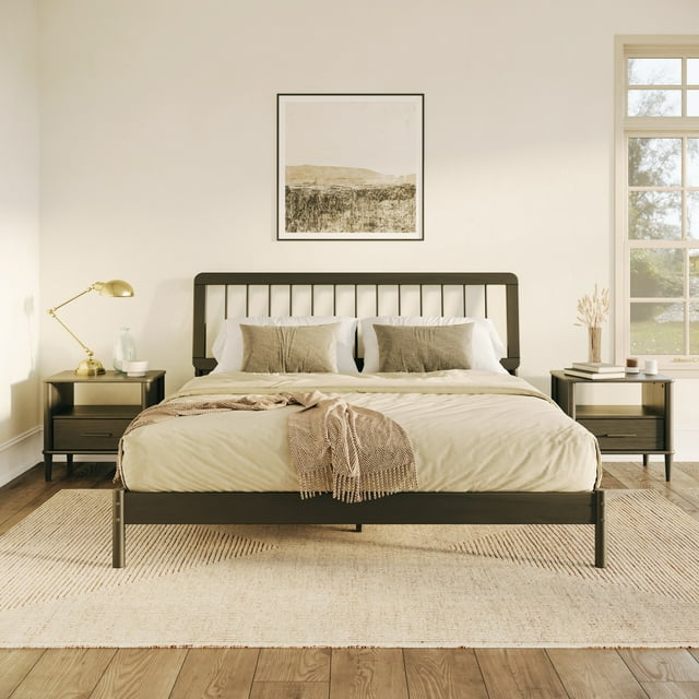 Walker Edison Mid-Century Modern Slatted Solid Wood King Bedframe ...