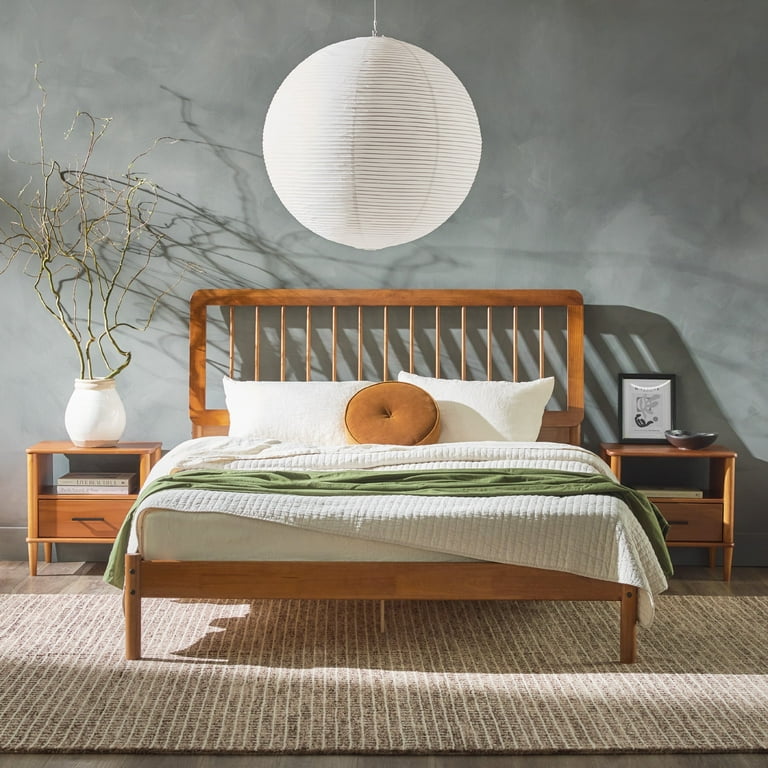 Walker Edison Mid Century Modern Slatted Solid Wood Queen Bedframe Caramel