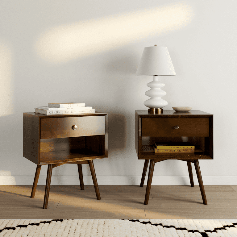 Free Shipping Walker Edison Mid Century Walnut Solid Wood Nightstands Set of 2 Walnut Walmart