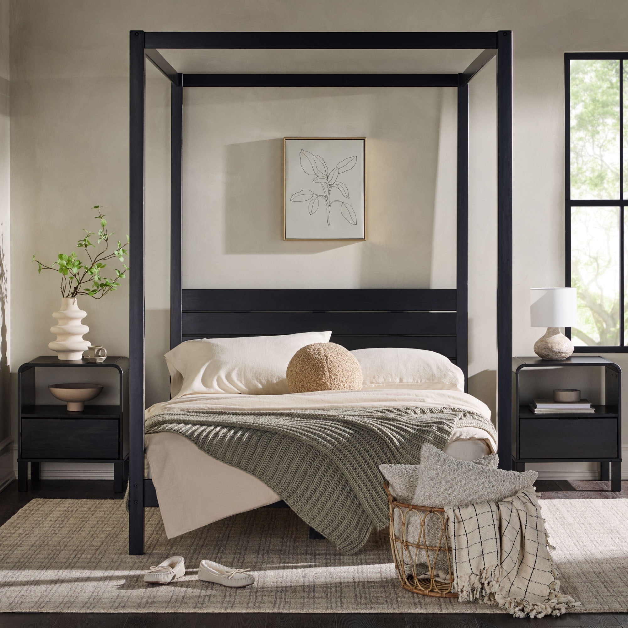 Walker Edison Minimalist Solid Wood Canopy Full Bed, Black - Walmart.com