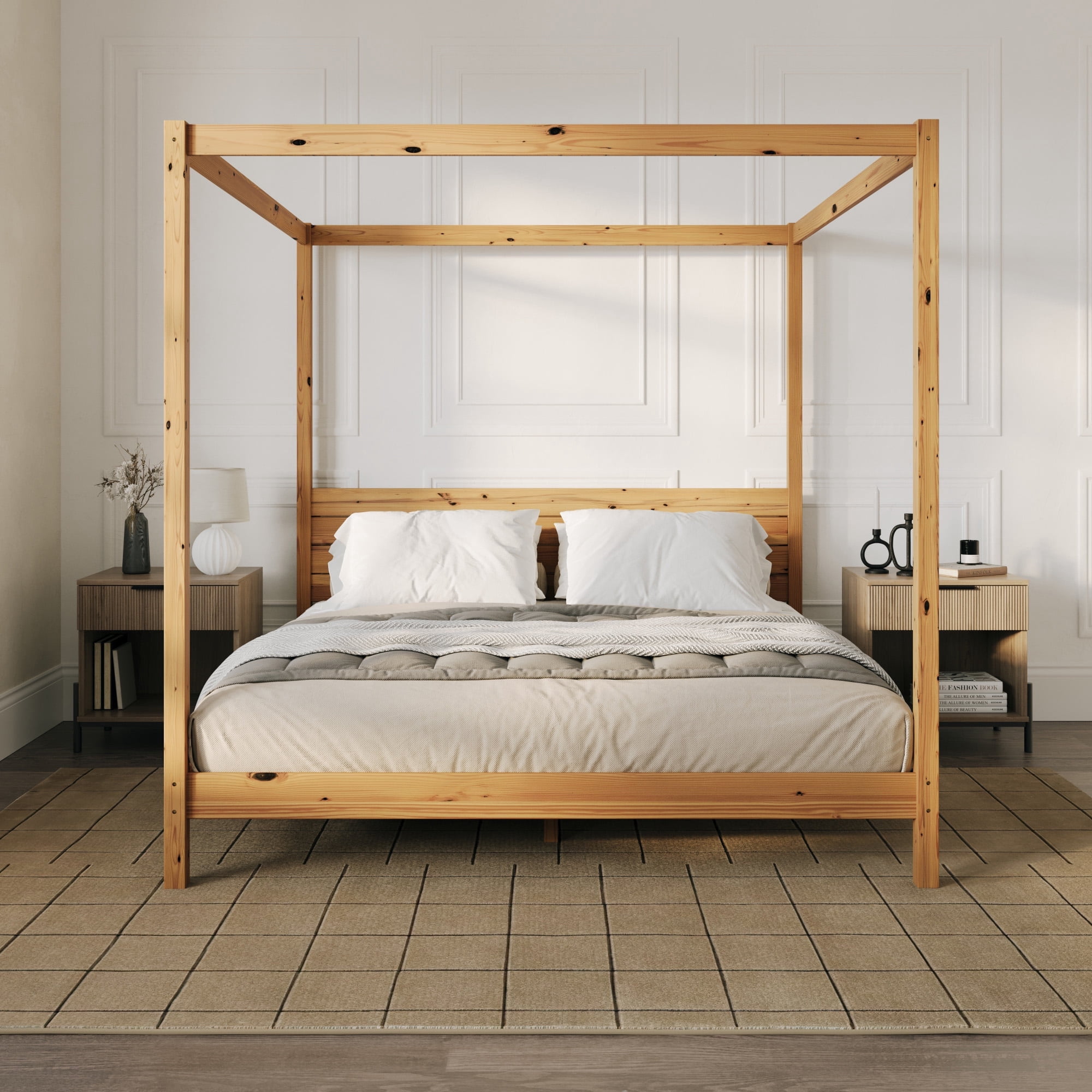 Walker Edison Minimalist Solid Wood King-Size Canopy Bedframe, Natural ...