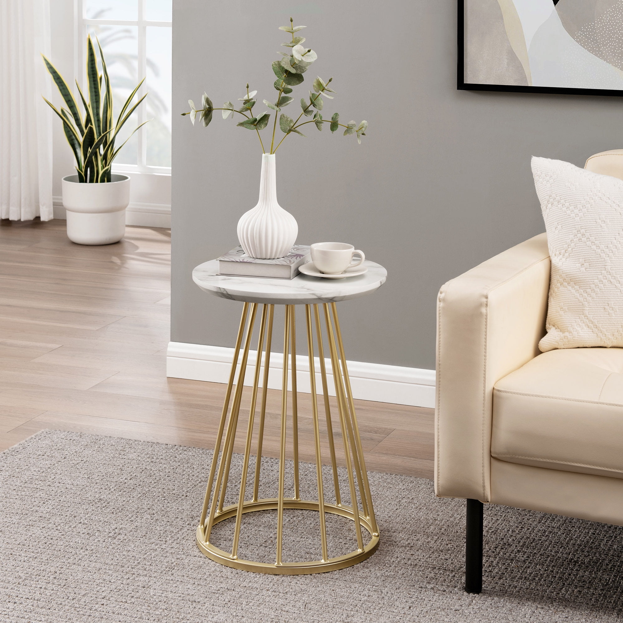 Walker Edison Modern 16 Accent Table with Metal Cage Base White Marble