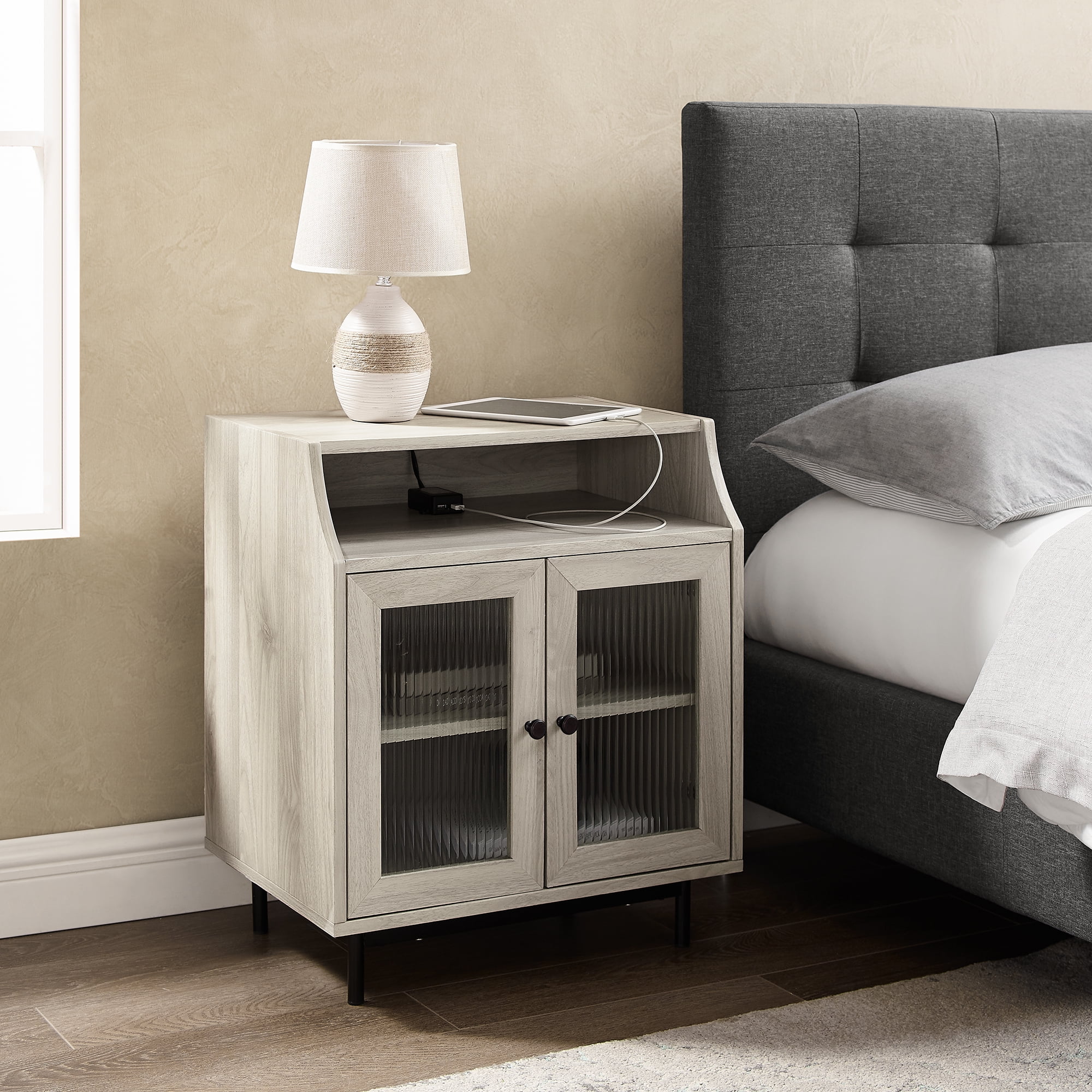 Walker Edison 2 Door Nightstand with USB Port - Birch Finish - Walmart.com