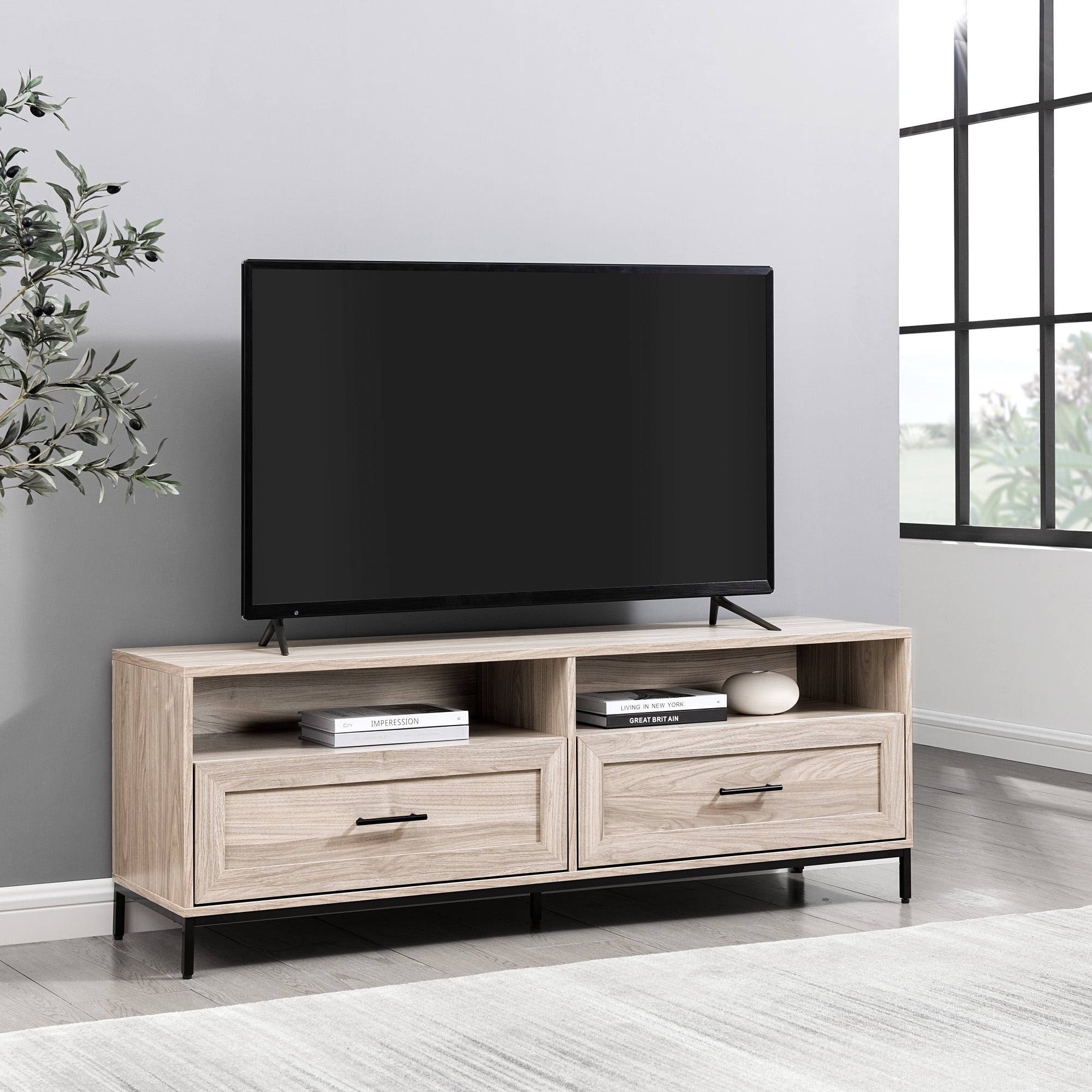 Walker Edison Modern 2-Drawer TV Stand for TVs up to 60”, Birch ...