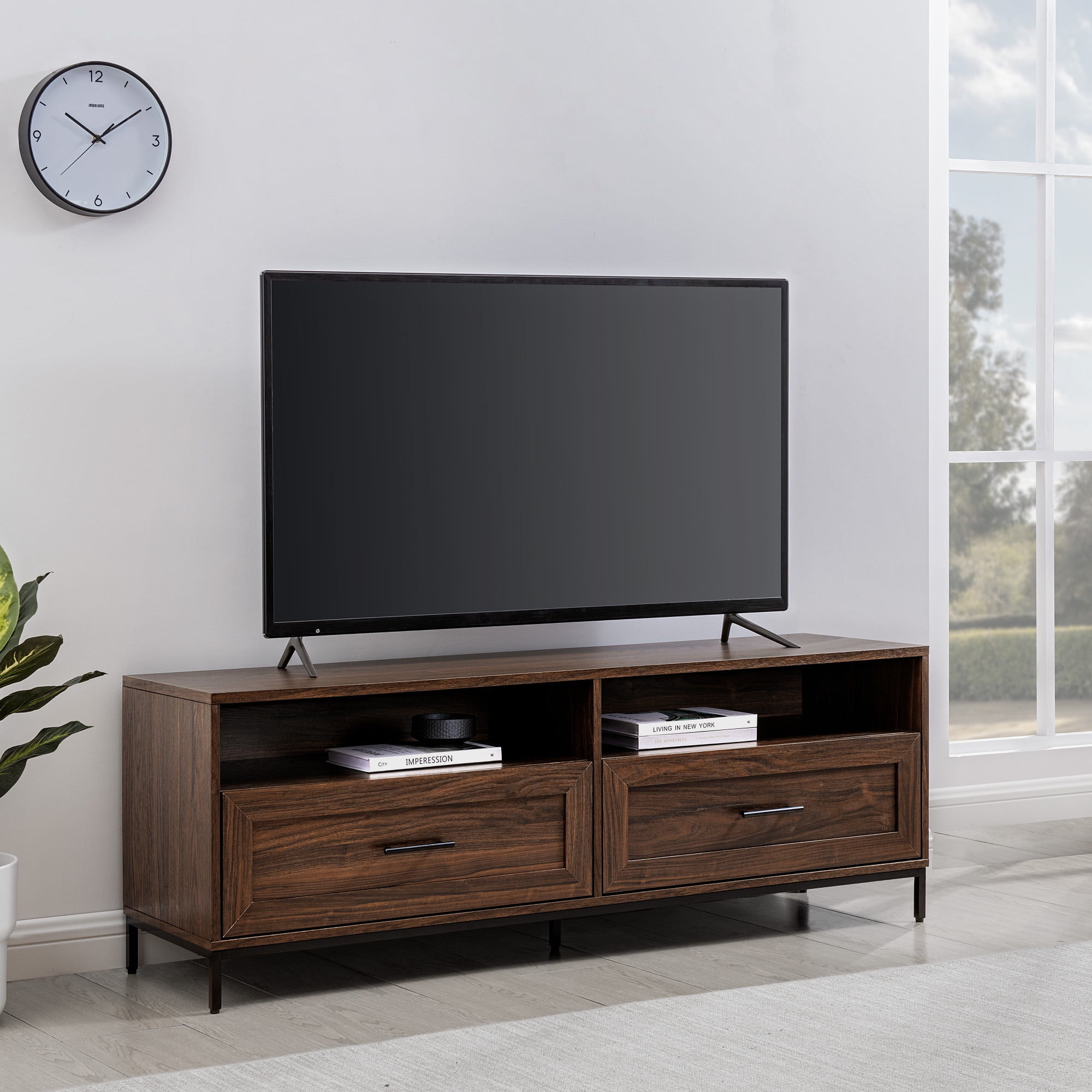 Walker Edison Modern 2-Drawer TV Stand for TVs up to 60”, Dark Walnut ...