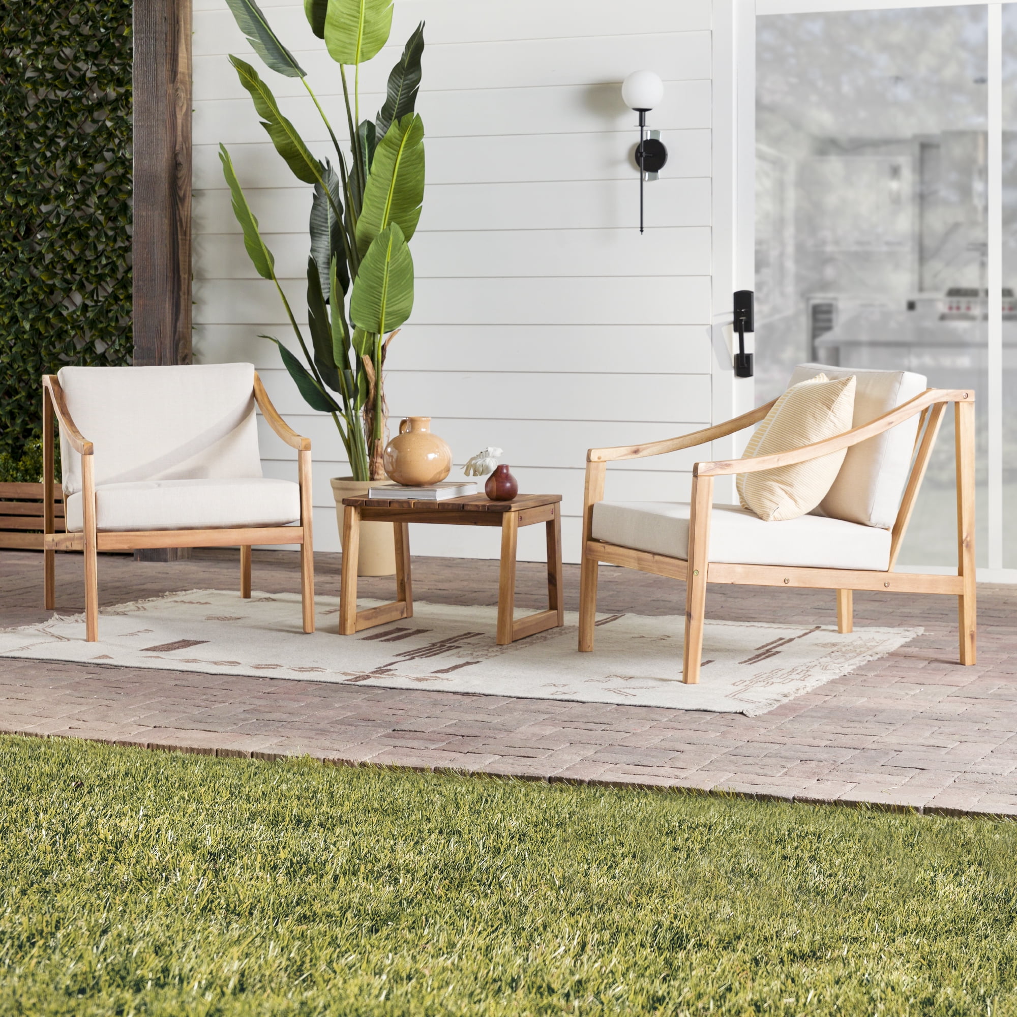 Walker Edison Modern 3-Piece Slatted Outdoor Chat Set, Natural ...