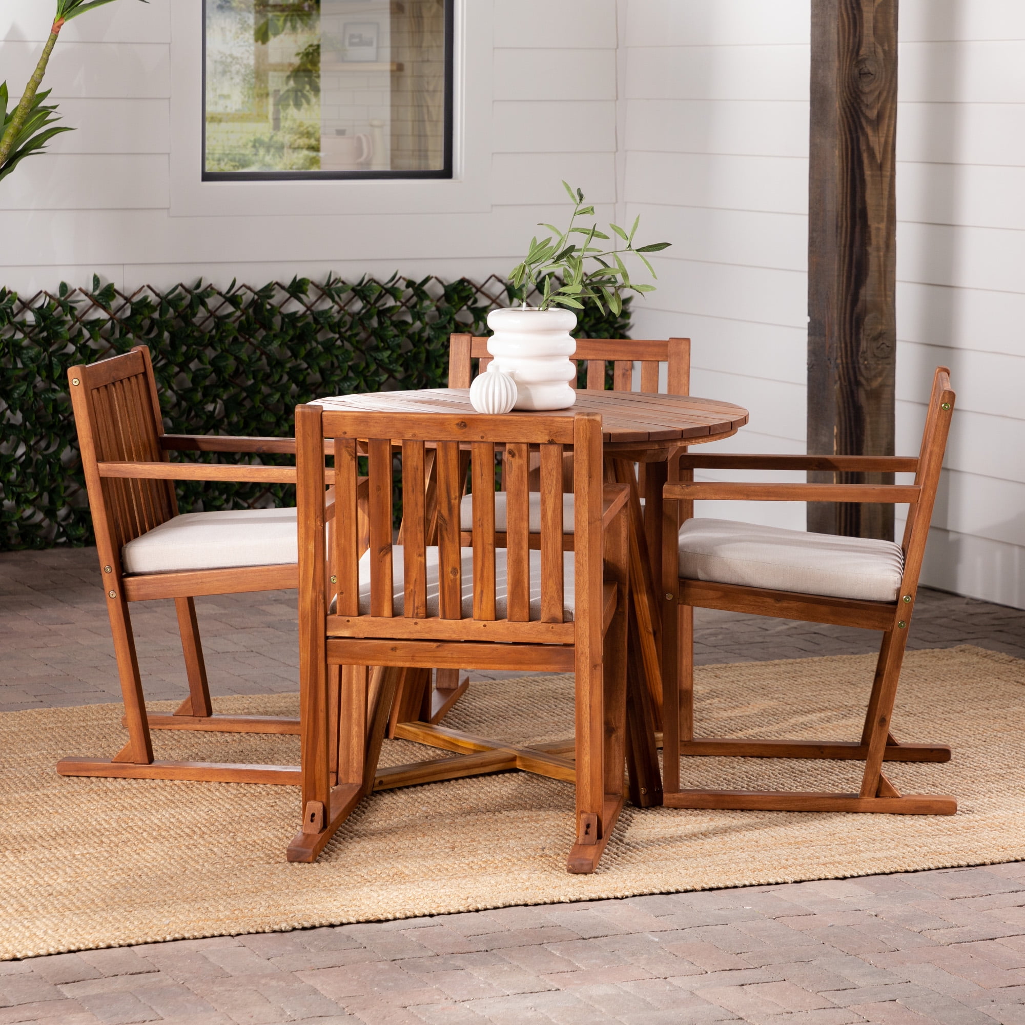 Walker Edison Modern 5-Piece Solid Wood Outdoor Dining Set, Brown ...