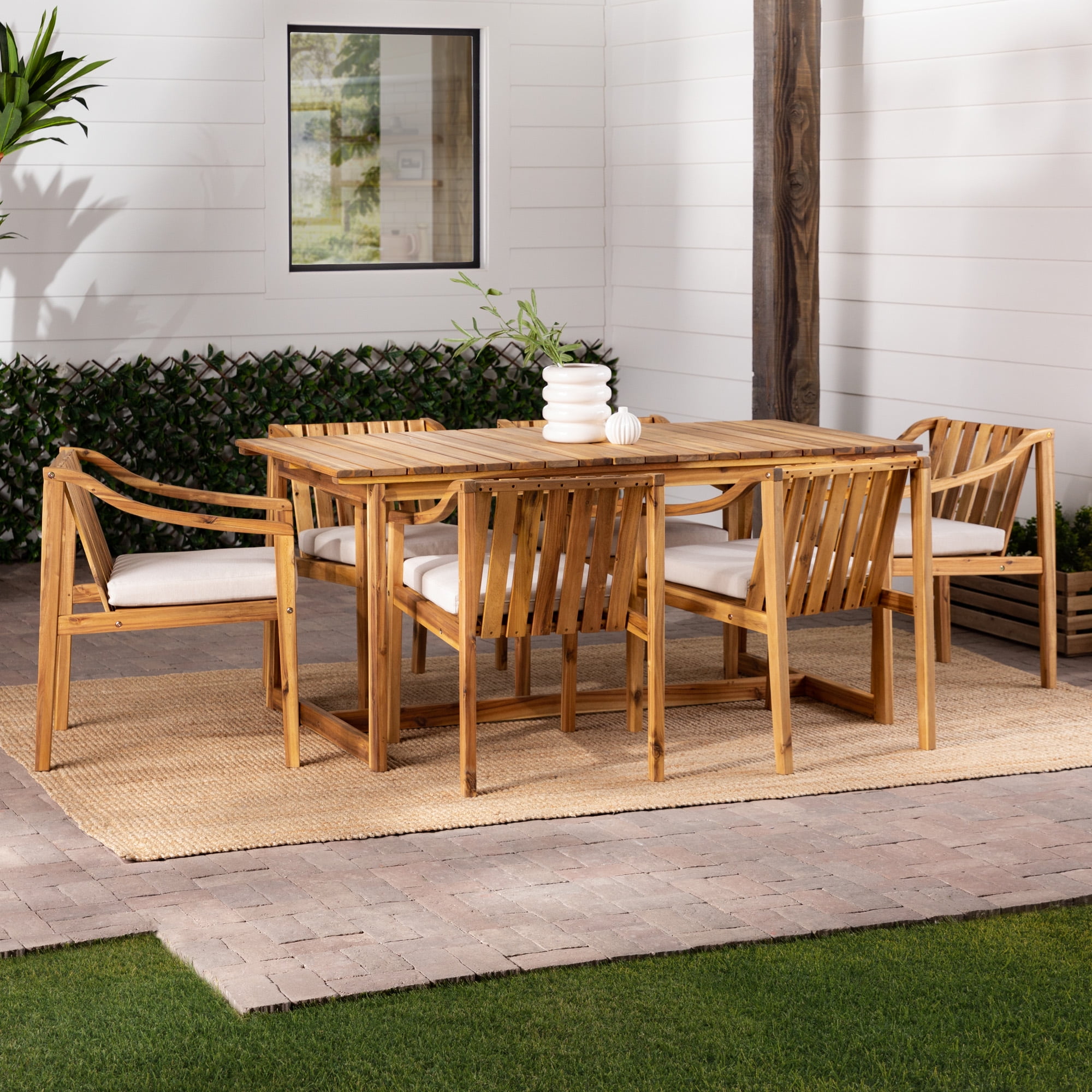 Walker Edison Modern 7-Piece Slatted Outdoor Dining Set, Natural ...