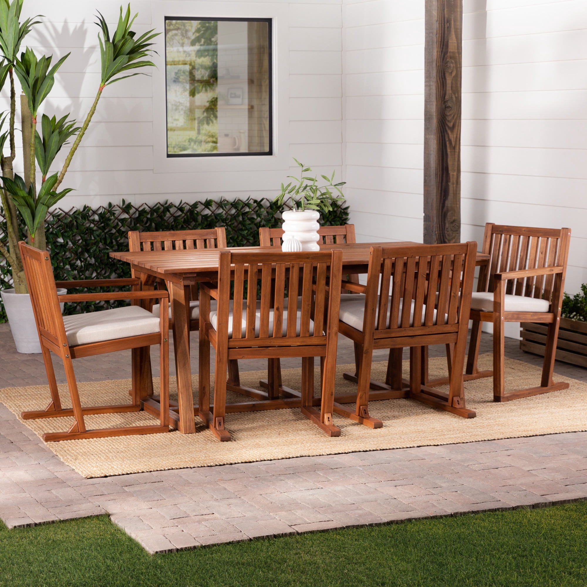 Walker Edison Modern 7-Piece Solid Wood Outdoor Dining Set, Brown ...