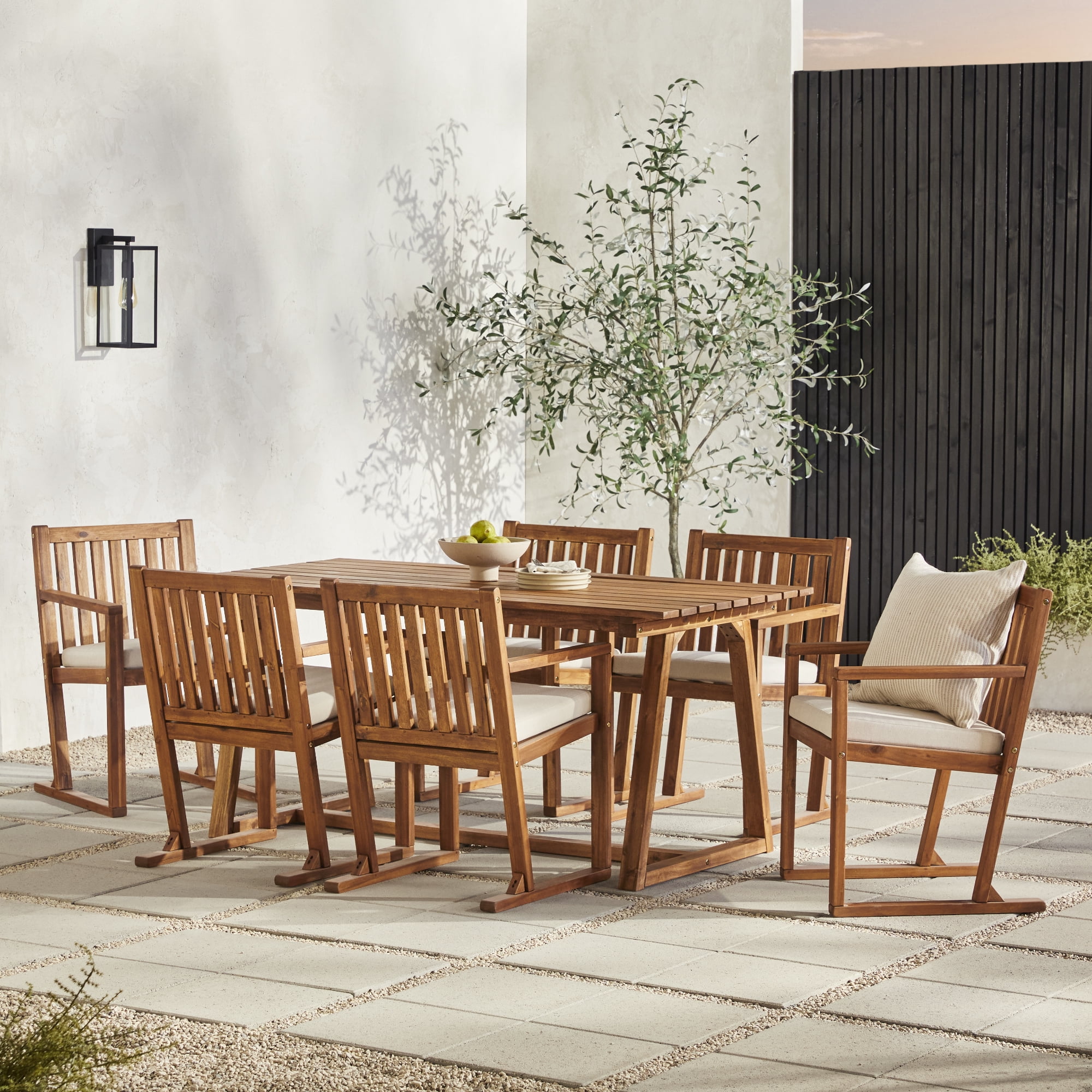 Walker Edison Modern 7-Piece Solid Wood Outdoor Dining Set, Brown ...
