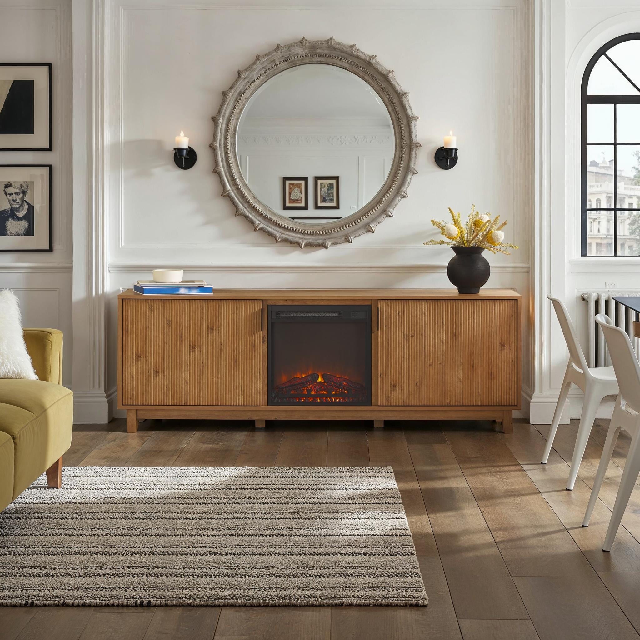 Walker Edison Modern 70" TV Stand with Electric Fireplace, English Oak ...