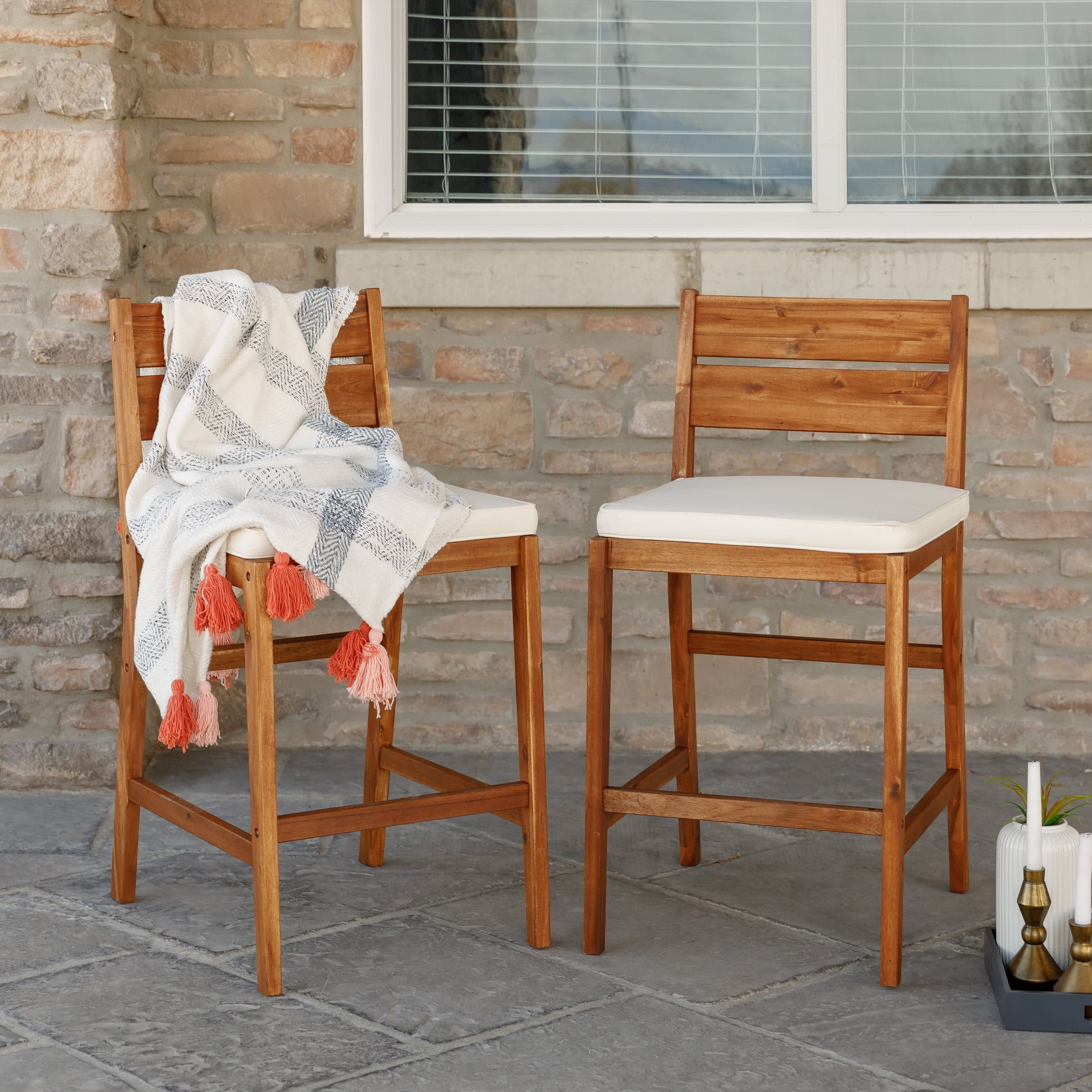 Walker Edison Modern Acacia Wood Patio Counter Stools, Set of 2, Brown ...