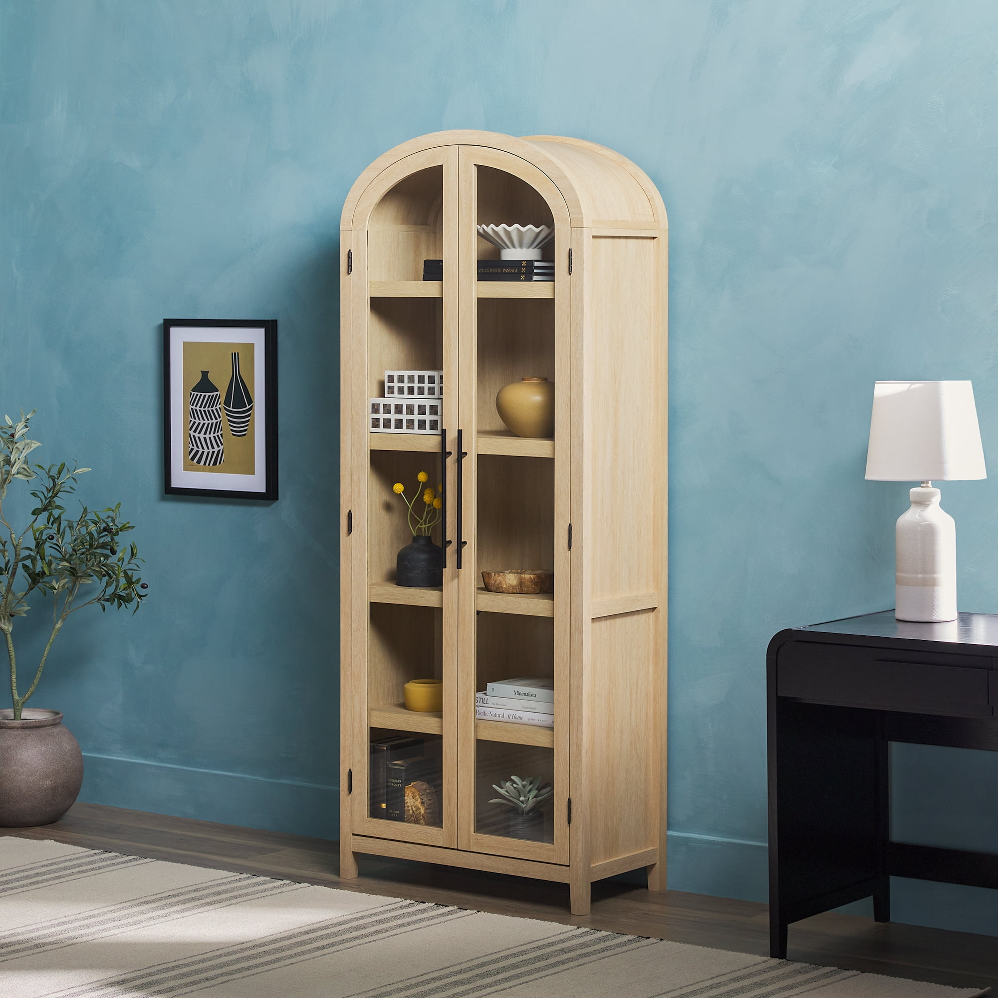 Walker Edison Modern Arched Bookcase with Glass Doors, Coastal Oak ...