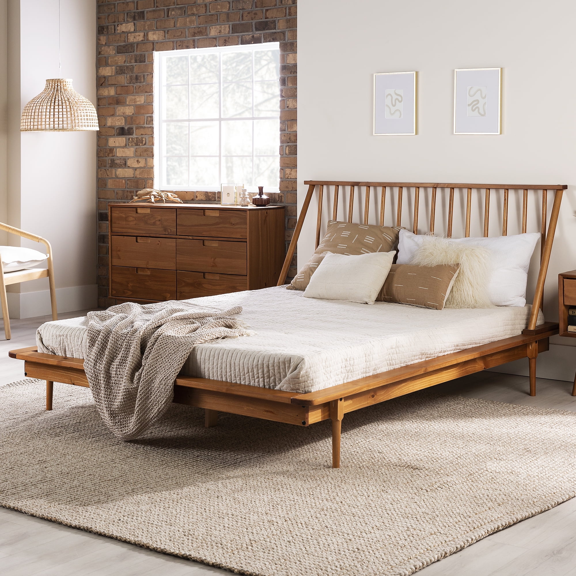 Walker Edison Boho Queen Bed, Solid Pine Wood Platform, Spindle ...