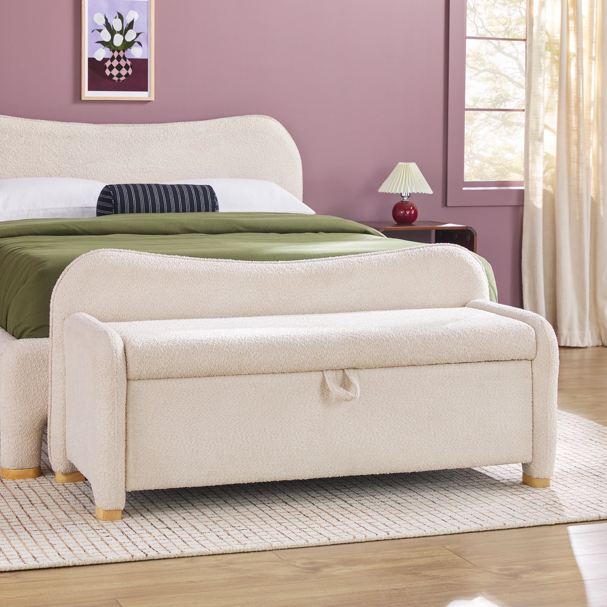 Walker Edison Modern Bouclé Upholstered Curved Storage Bench, Ivory ...