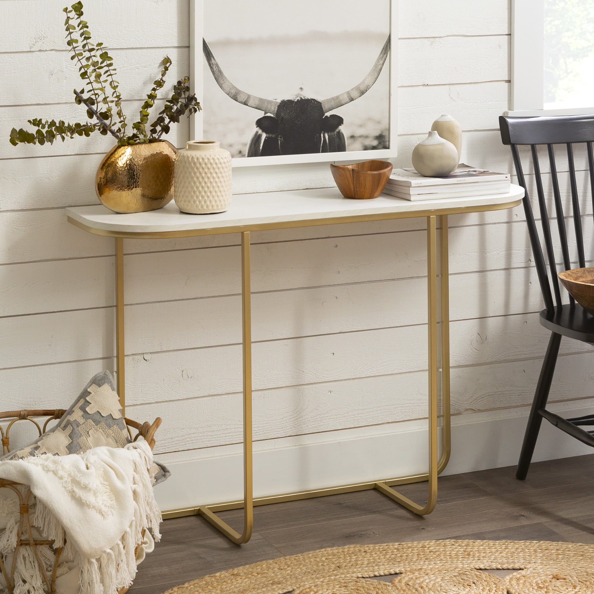 Walker Edison Modern Curved Entry Table, Faux White Marble/Gold ...