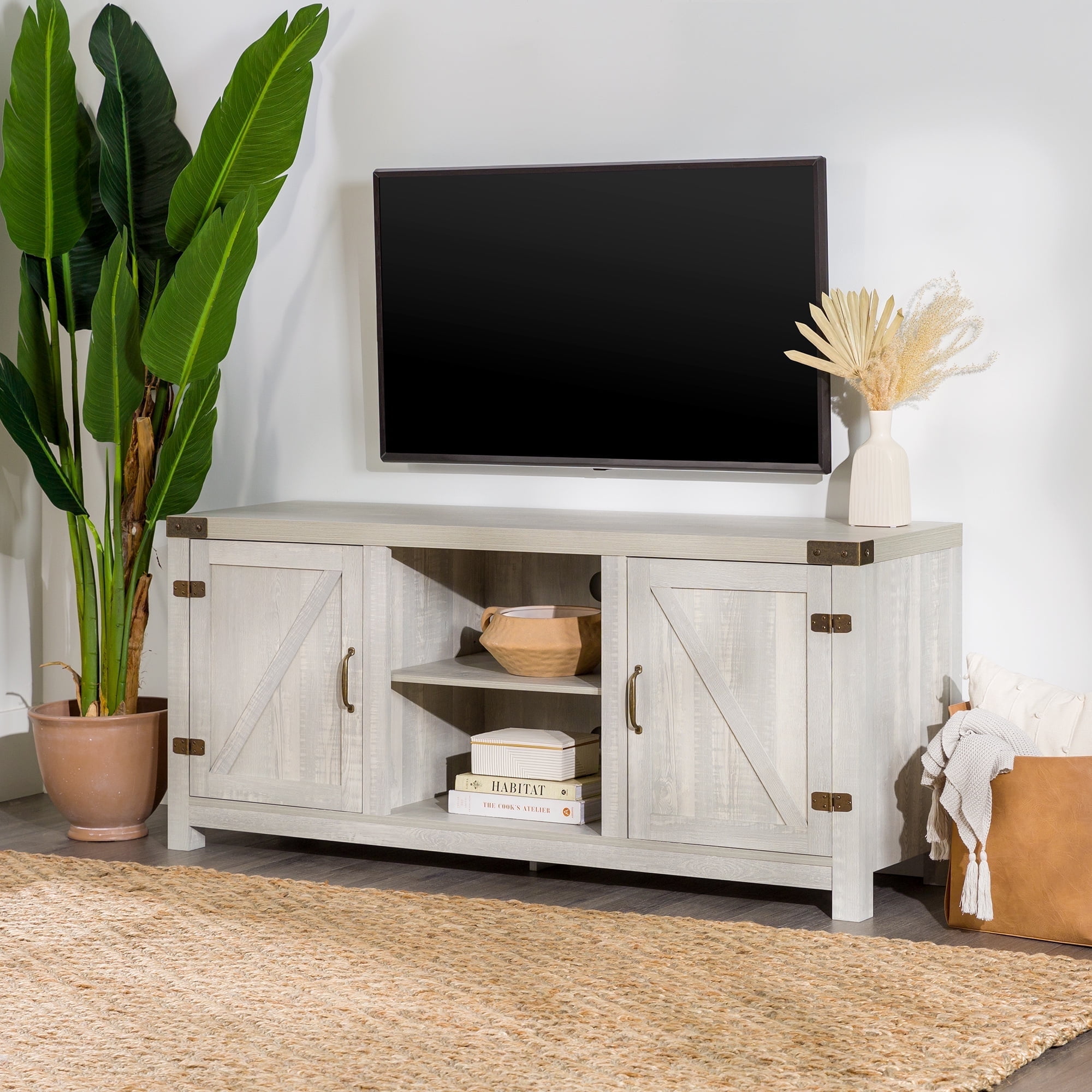 "Walker Edison Barn Door TV Stand, Rustic Wood Entertainment Center for ...