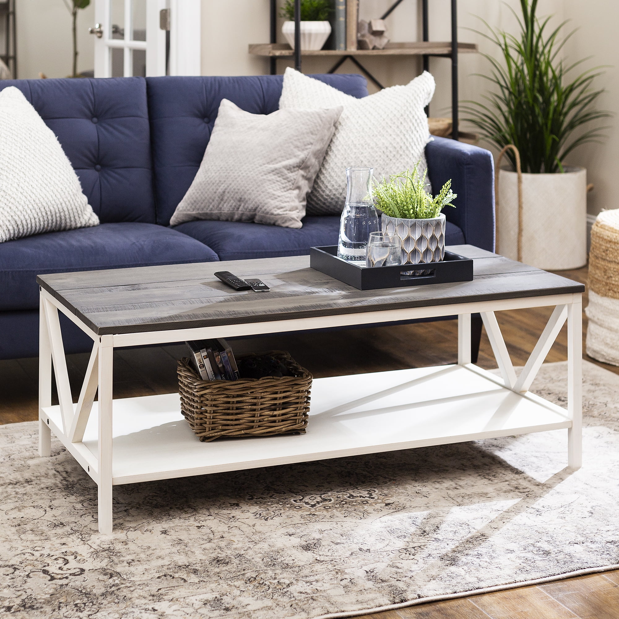 Walker Edison Modern Farmhouse Distressed Coffee Table Grey White Wash