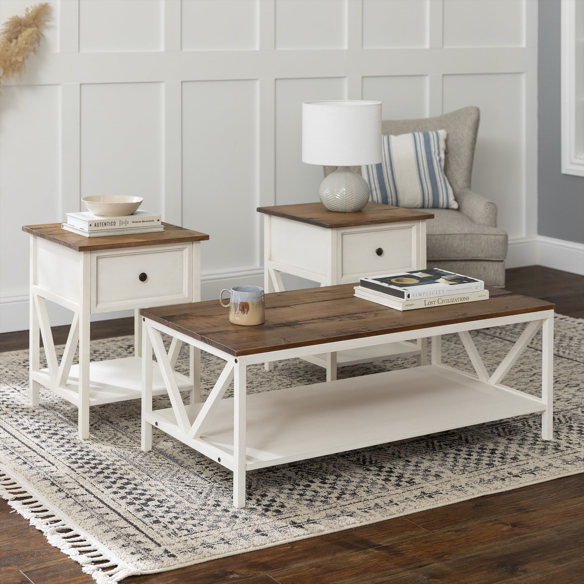 Walker Edison Modern Farmhouse Distressed White Accent Table Set ...