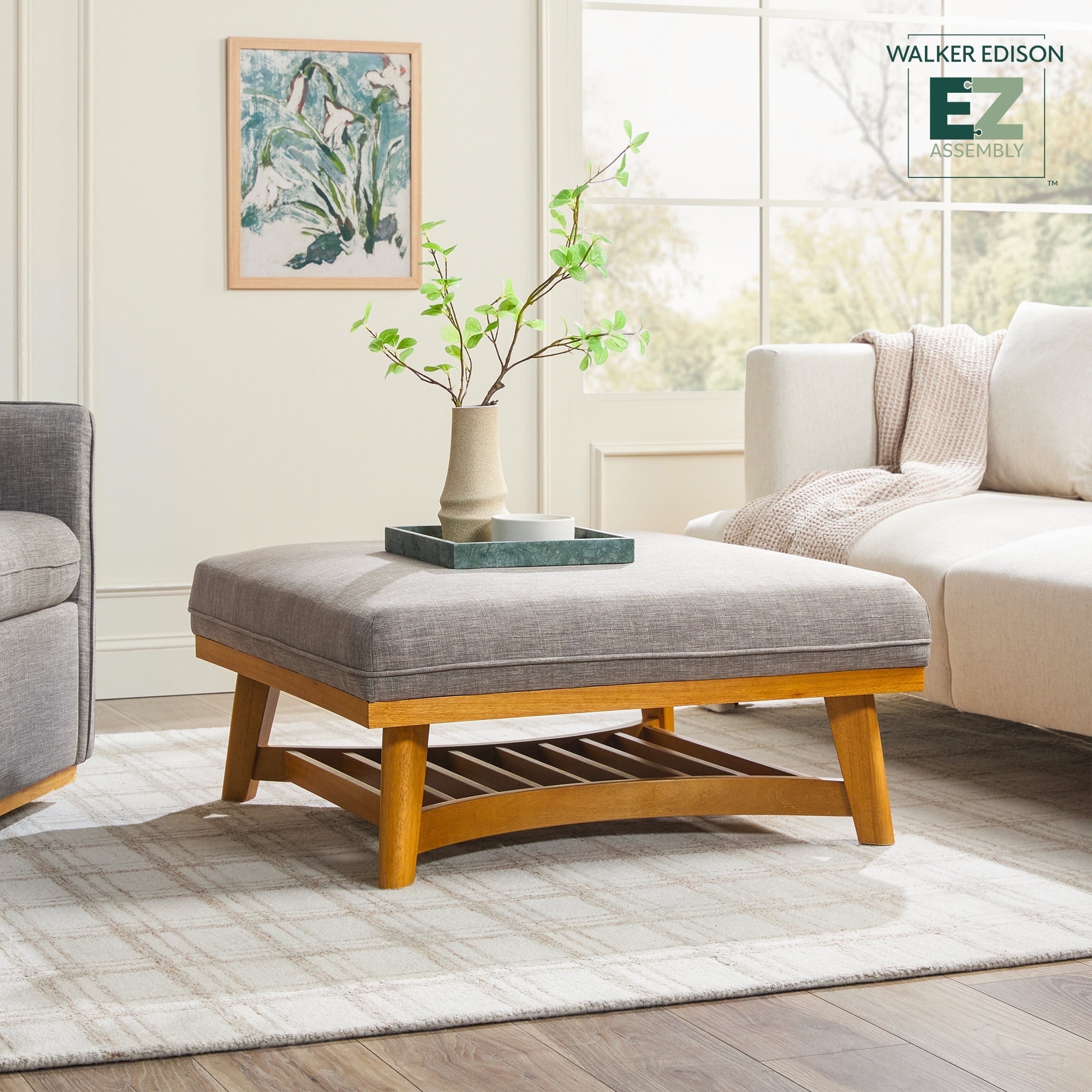 Walker Edison Modern Farmhouse Easy Assembly Linen Large Ottoman, Dark ...