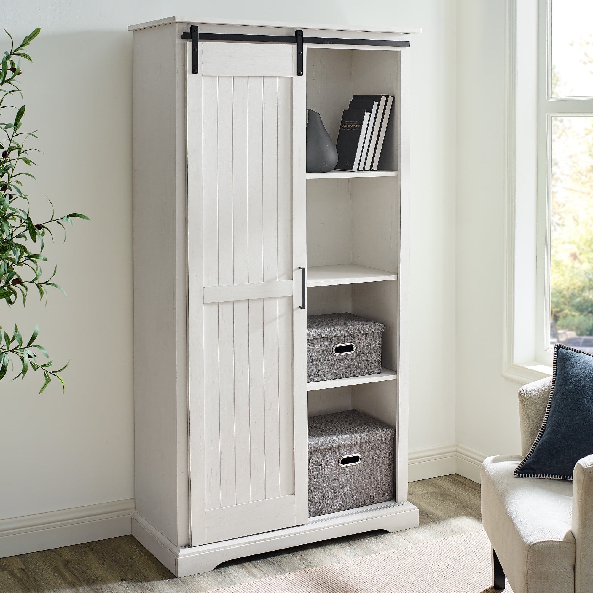 Walker Edison Modern Farmhouse Sliding Door Vertical Cabinet, White ...