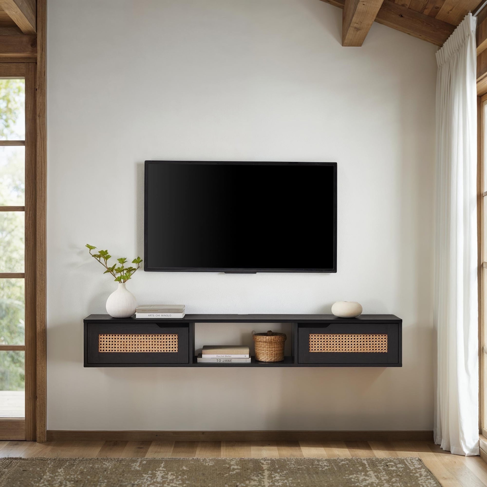Walker Edison Modern Floating Rattan-Door TV Stand for TVs up to 65 ...