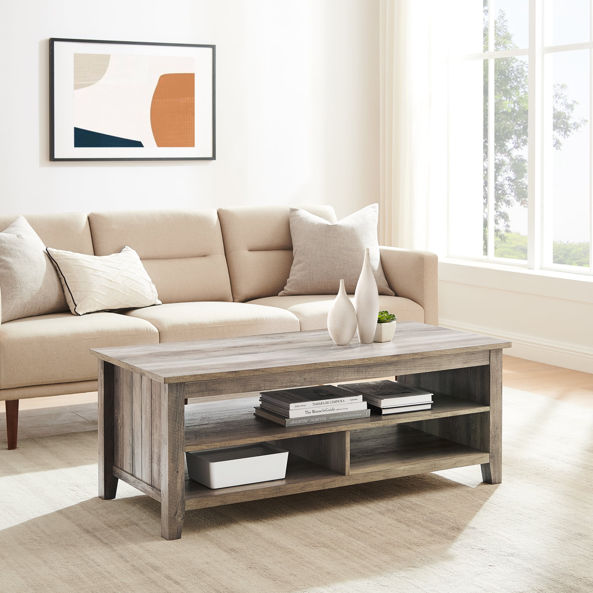 Walker Edison Modern Grooved Side Panel Coffee Table, Grey Wash ...