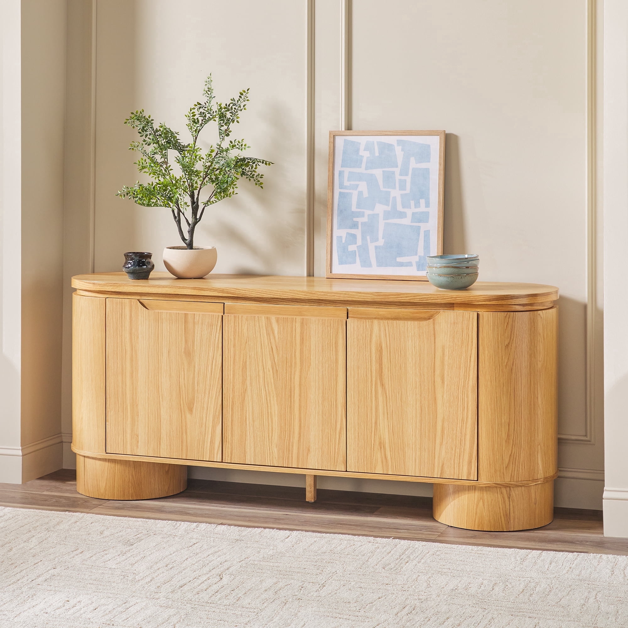Walker Edison Modern Large Curved Wood Sideboard TV Stand, White Oak ...
