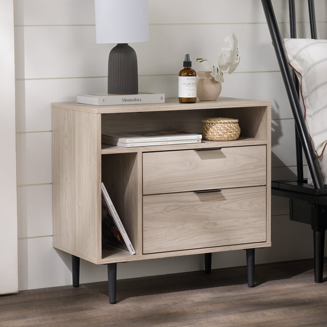 Walker Edison Modern Nightstand with Drawers and Shelves, Birch ...