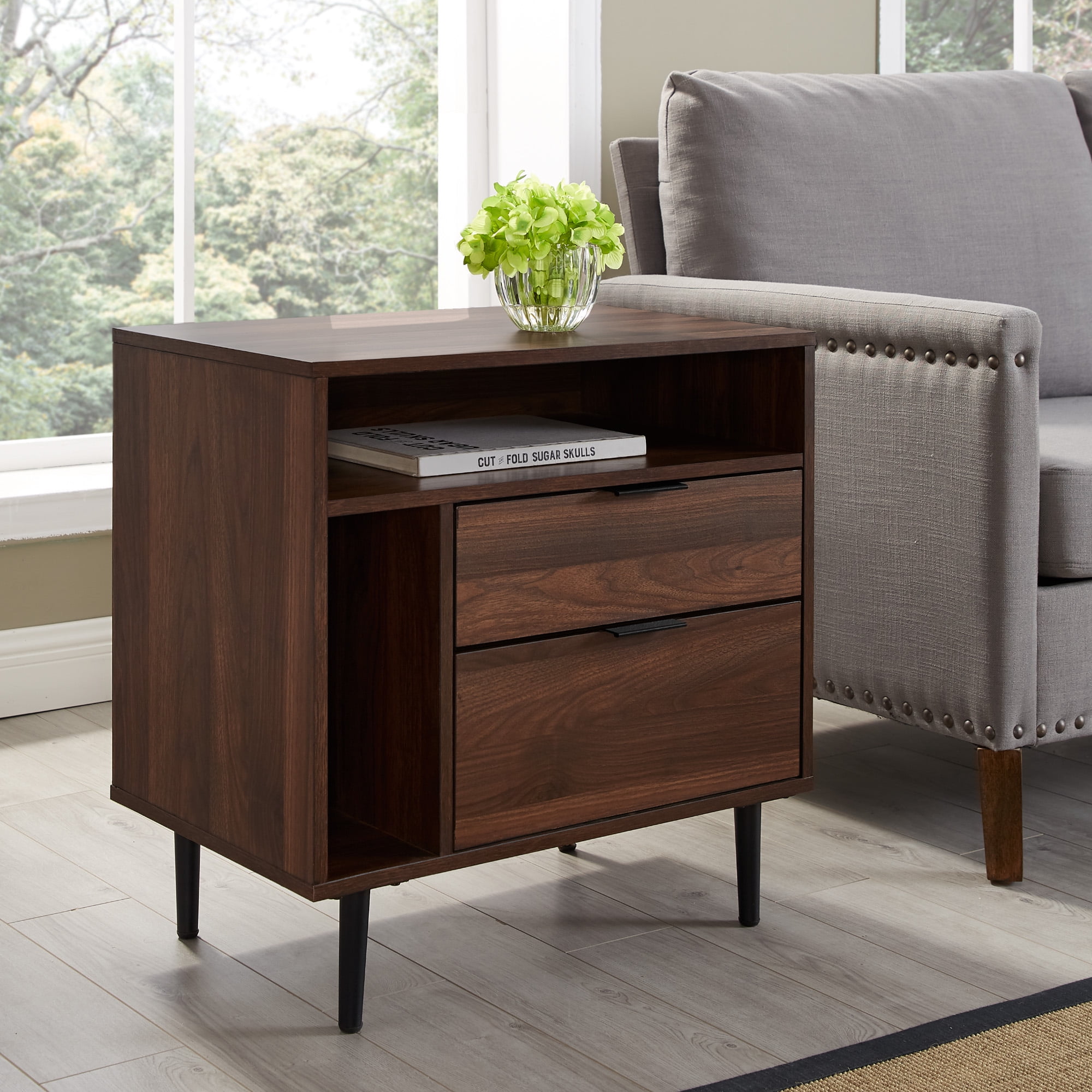 Walker Edison Modern Nightstand with Drawers and Shelves, Dark Walnut ...