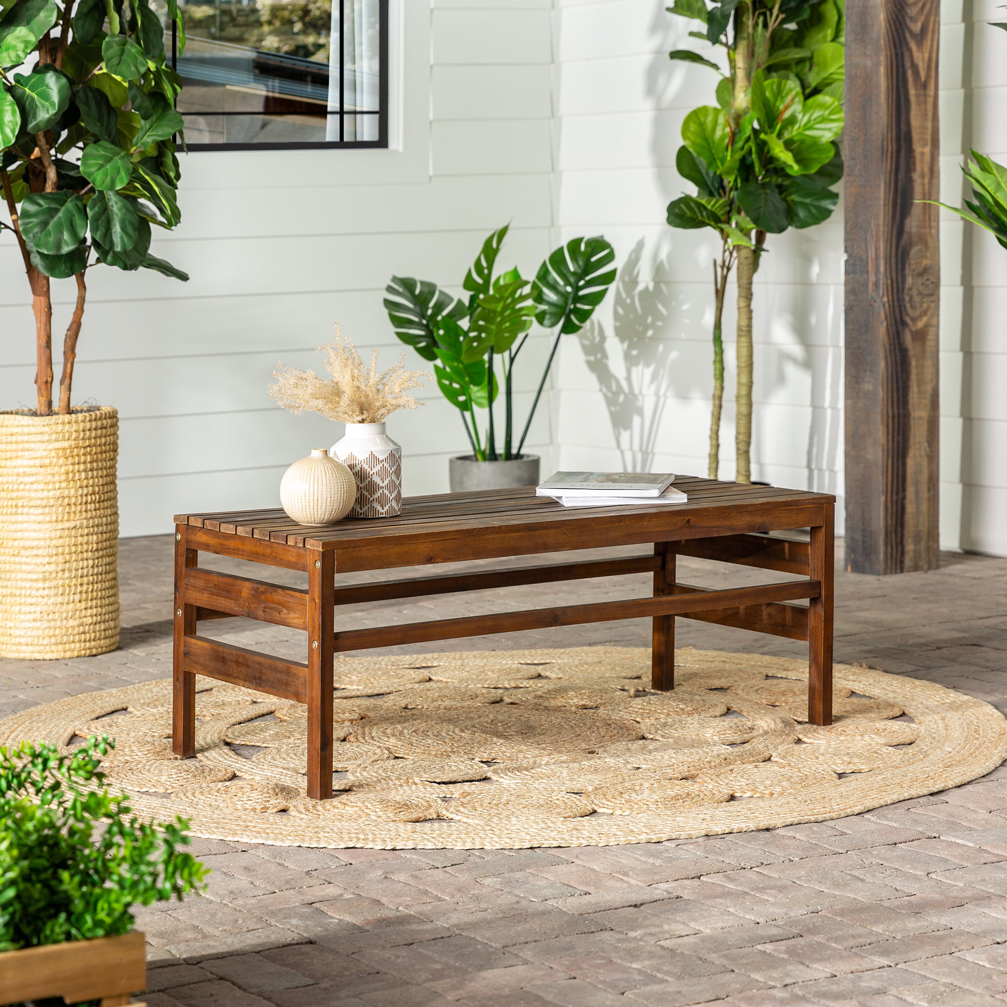 Walker Edison Modern Plank Acacia Wood Patio Coffee Table, Dark Brown ...