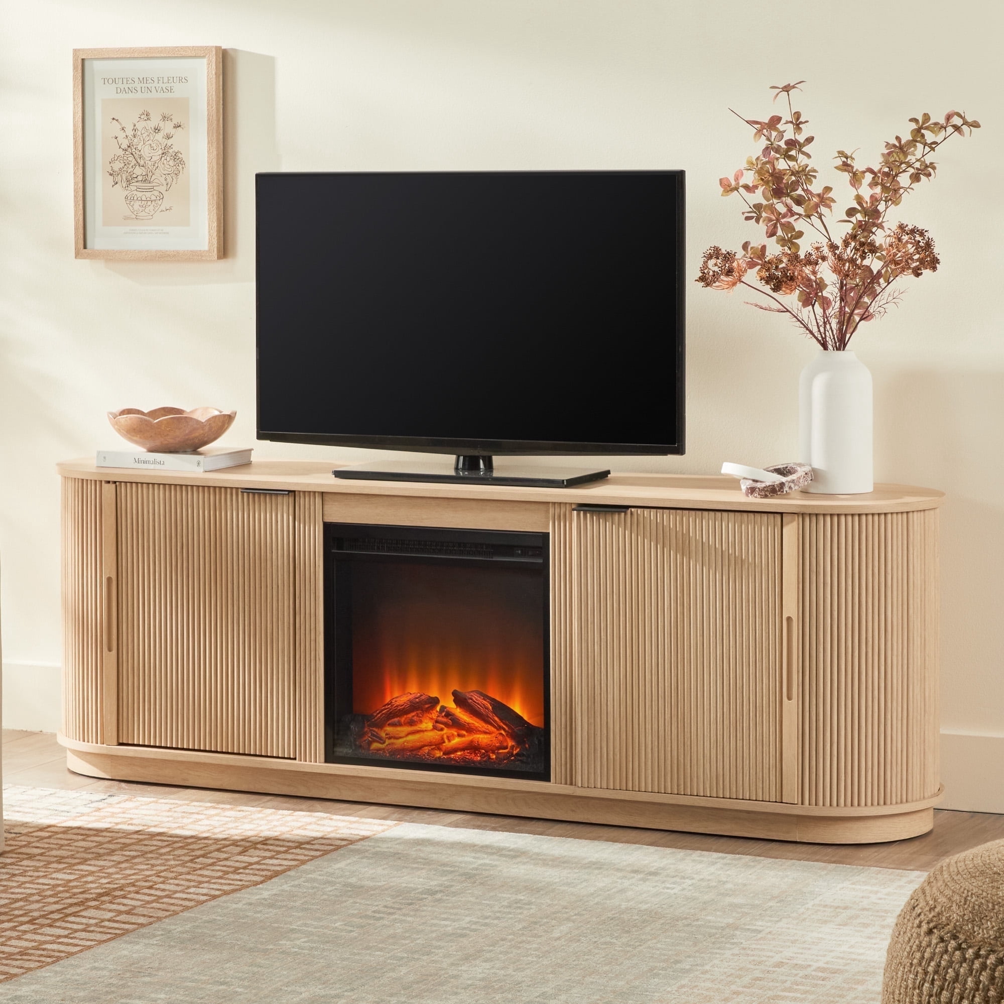 Walker Edison, Modern Reeded Fireplace TV Stand, 70‚Äù, Coastal Oak ...