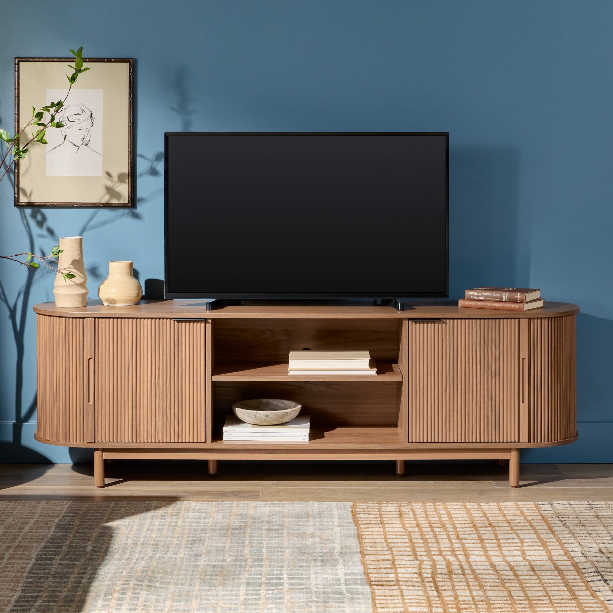Walker Edison Modern Reeded 70” TV Stand with Open Storage - Mocha ...