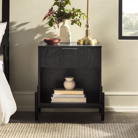 Walker Edison Modern Black Nightstand with Reeded Drawer Front and ...