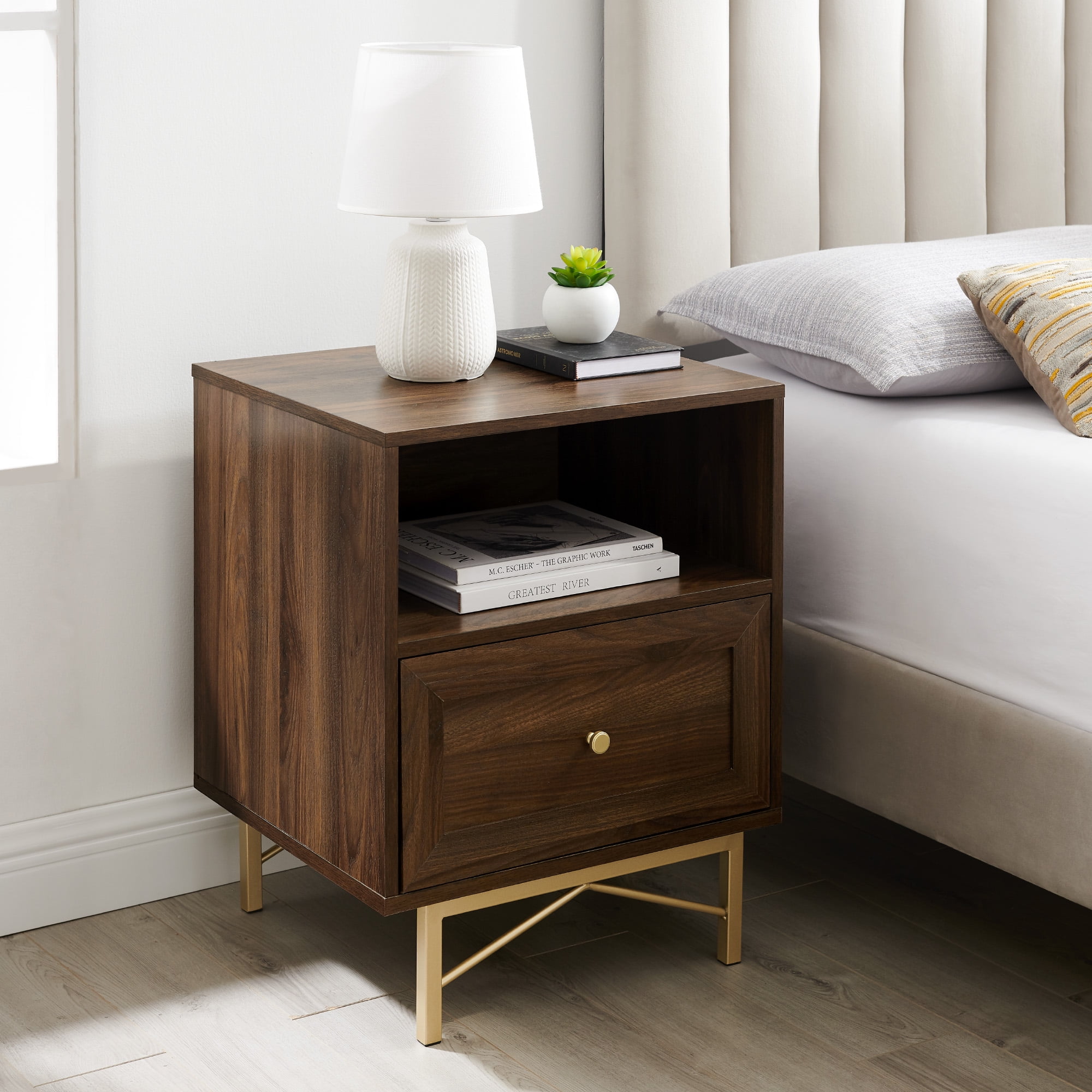 Walker Edison Modern Single Drawer Nightstand, Dark Walnut - Walmart.com