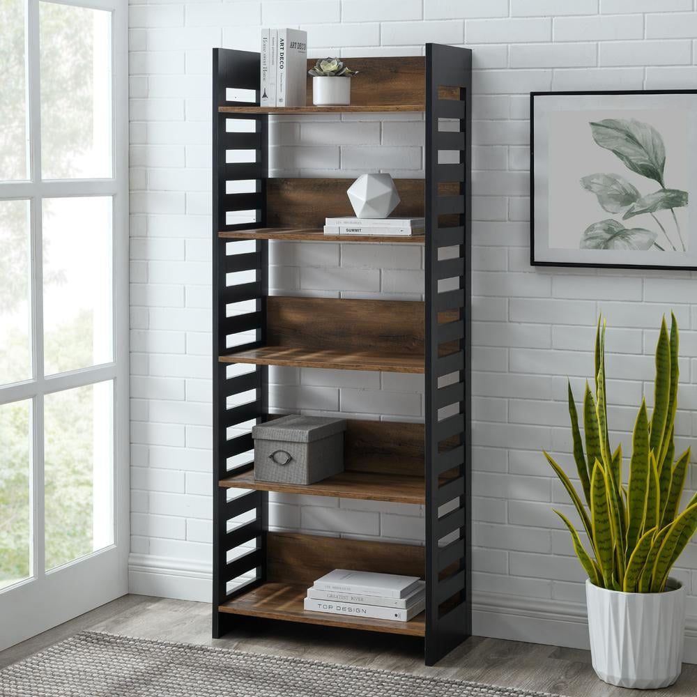 Modern Slat-Side 5-Shelf Bookcase in Solid Black and Rustic Oak ...
