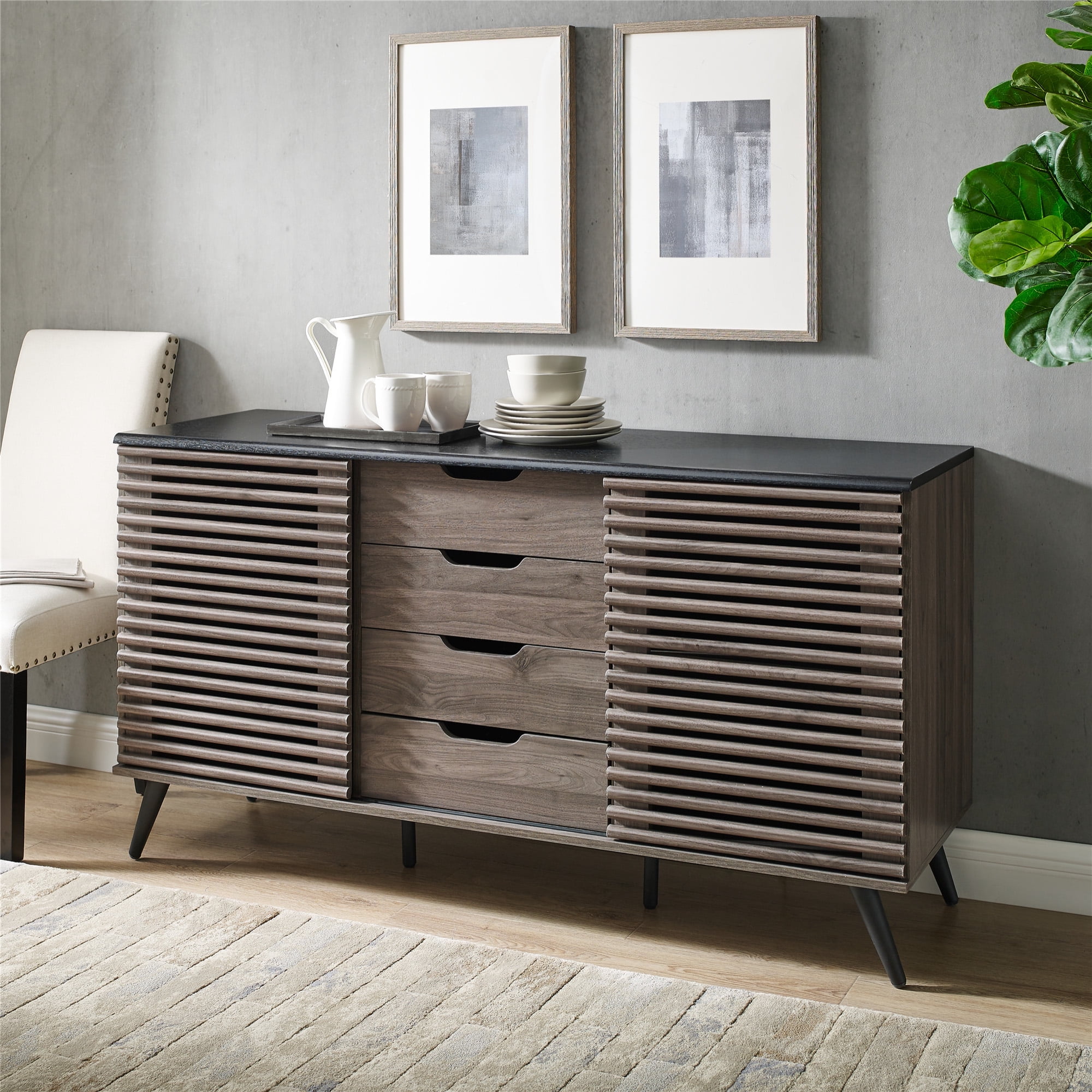 Walker Edison Modern Sliding Slat Door Sideboard, Ebony and Slate Grey ...