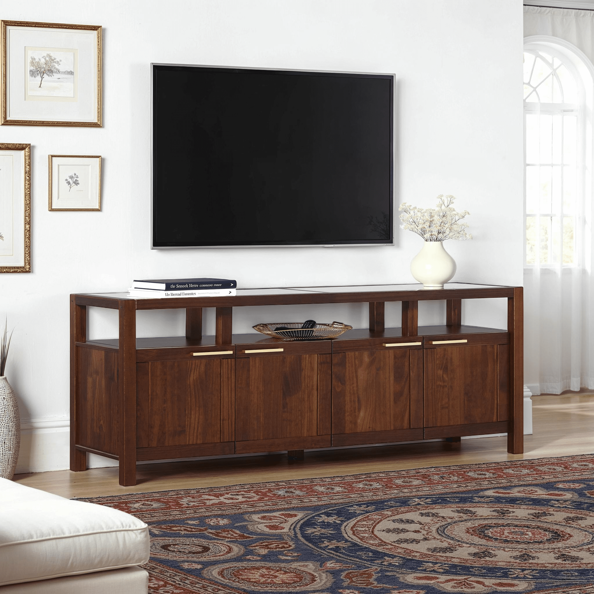 Walker Edison Modern Solid Wood 70" TV Stand with Glass Top, Walnut ...
