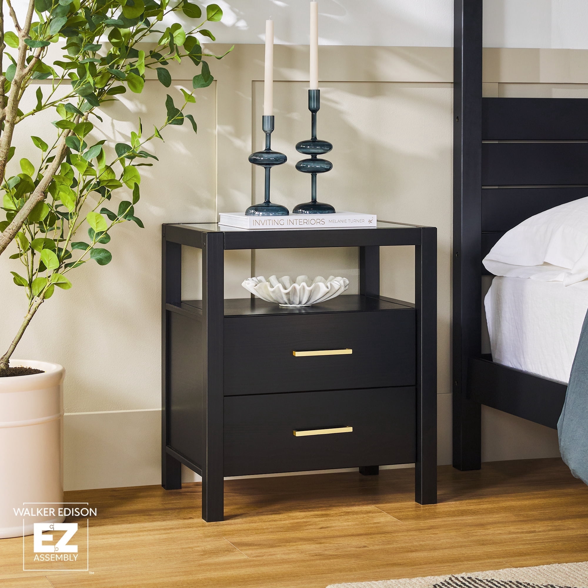 Walker Edison Modern Easy Assembly Solid Wood Nightstand with Glass Top ...