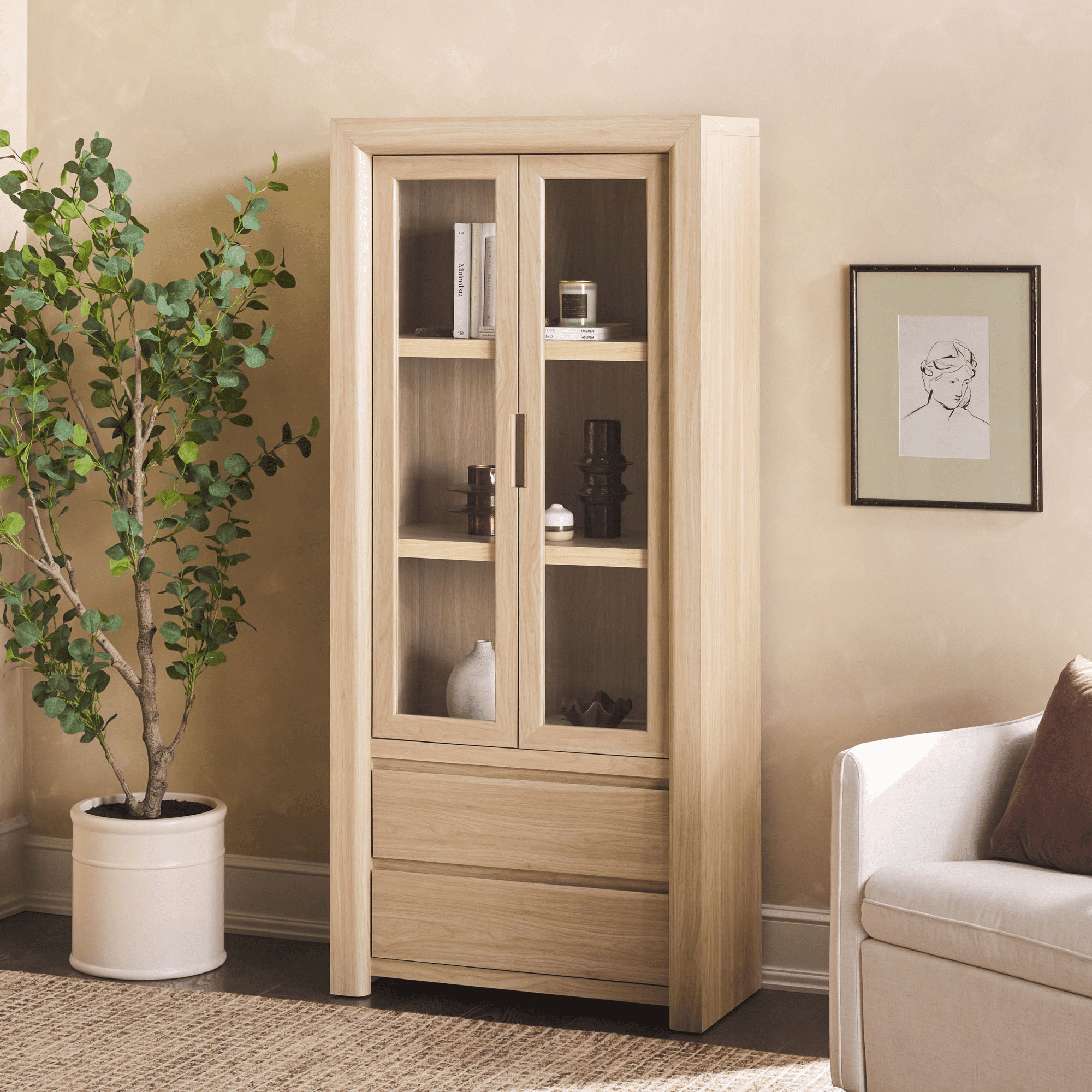 Walker Edison Modern Wood Open Bookshelf with Glass Doors and Drawer ...