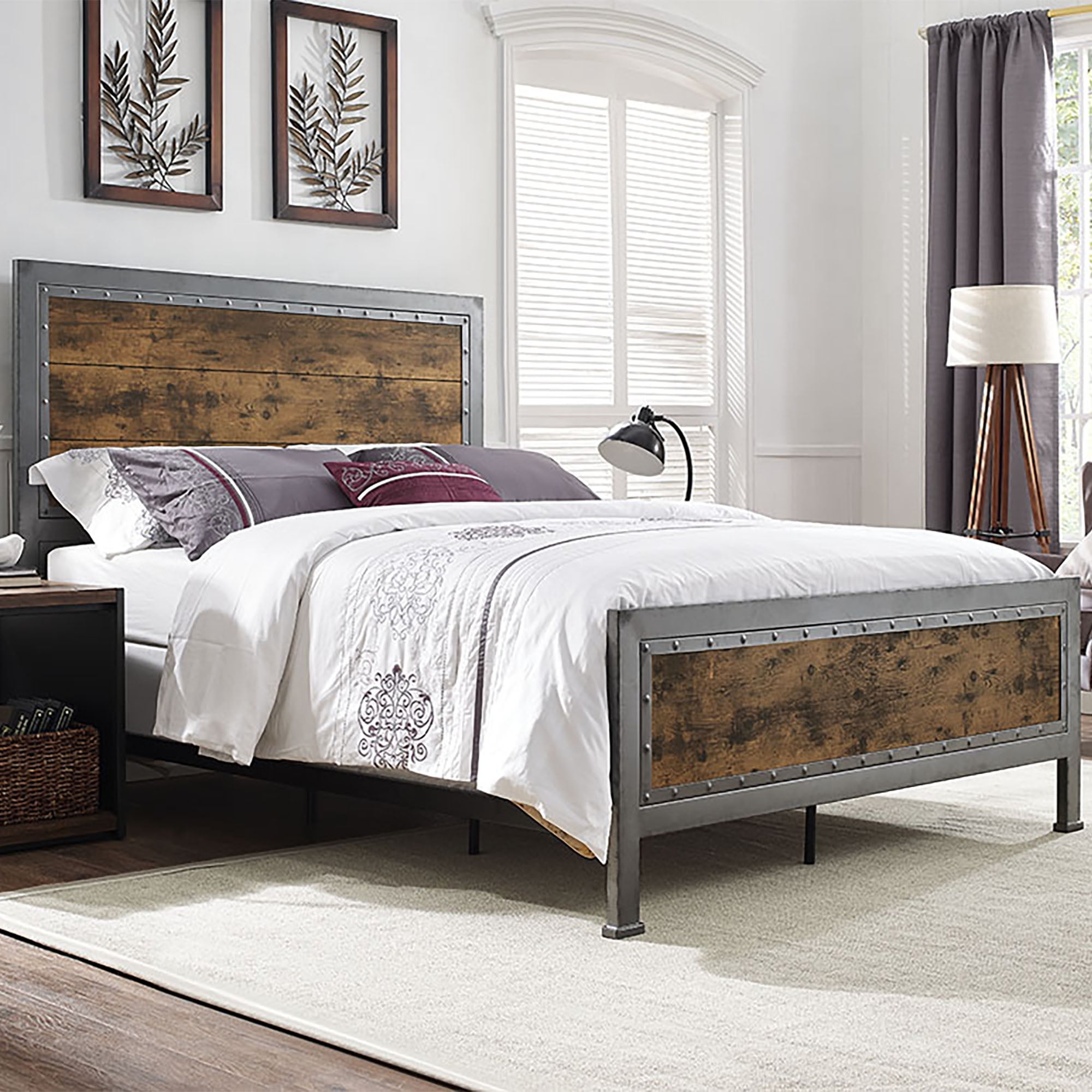 Walker Edison Riveted Metal Plank Queen Bed - Rustic Oak Finish ...