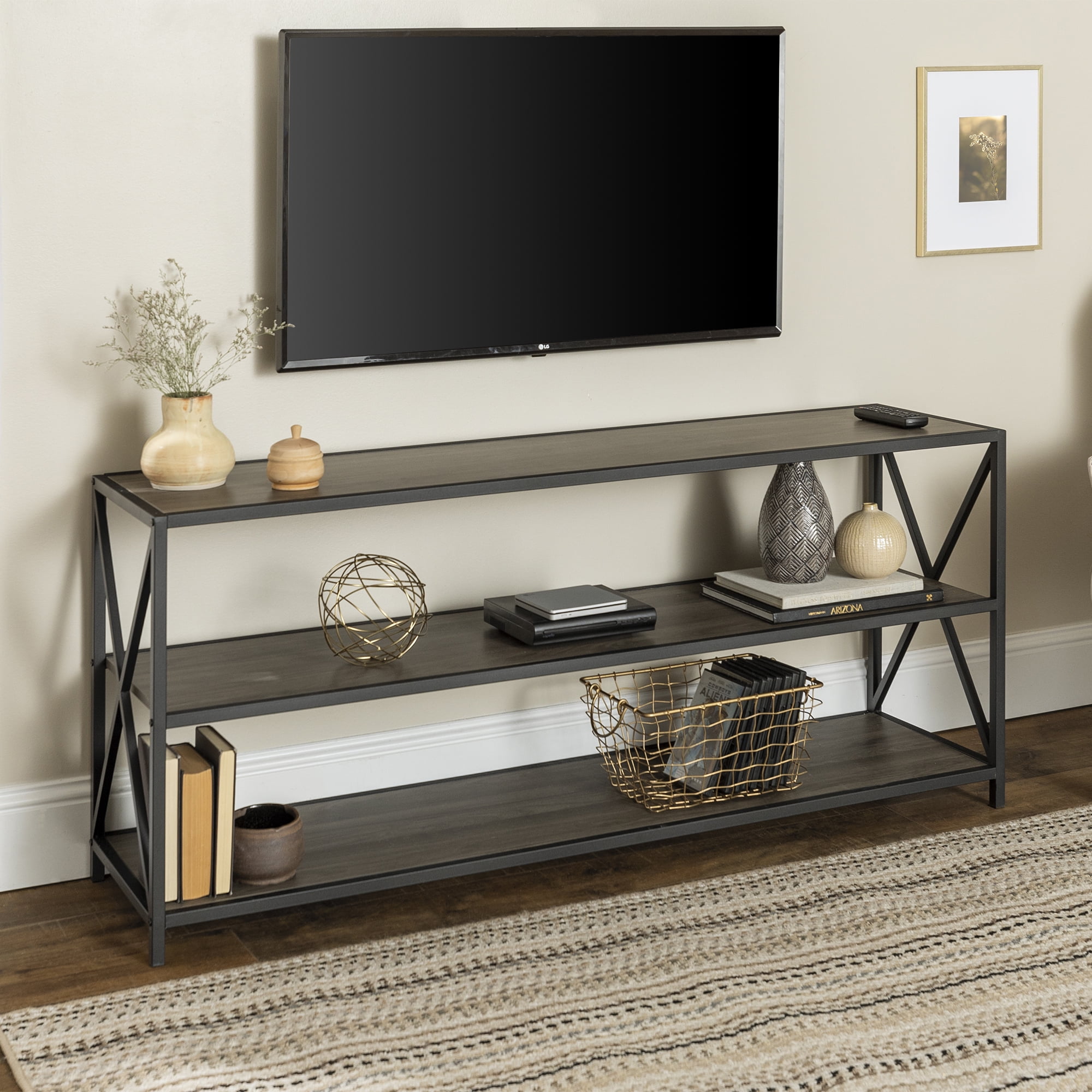 Walker Edison Rustic Metal 3-Shelf Bookcase, Slate Grey/Black Metal ...