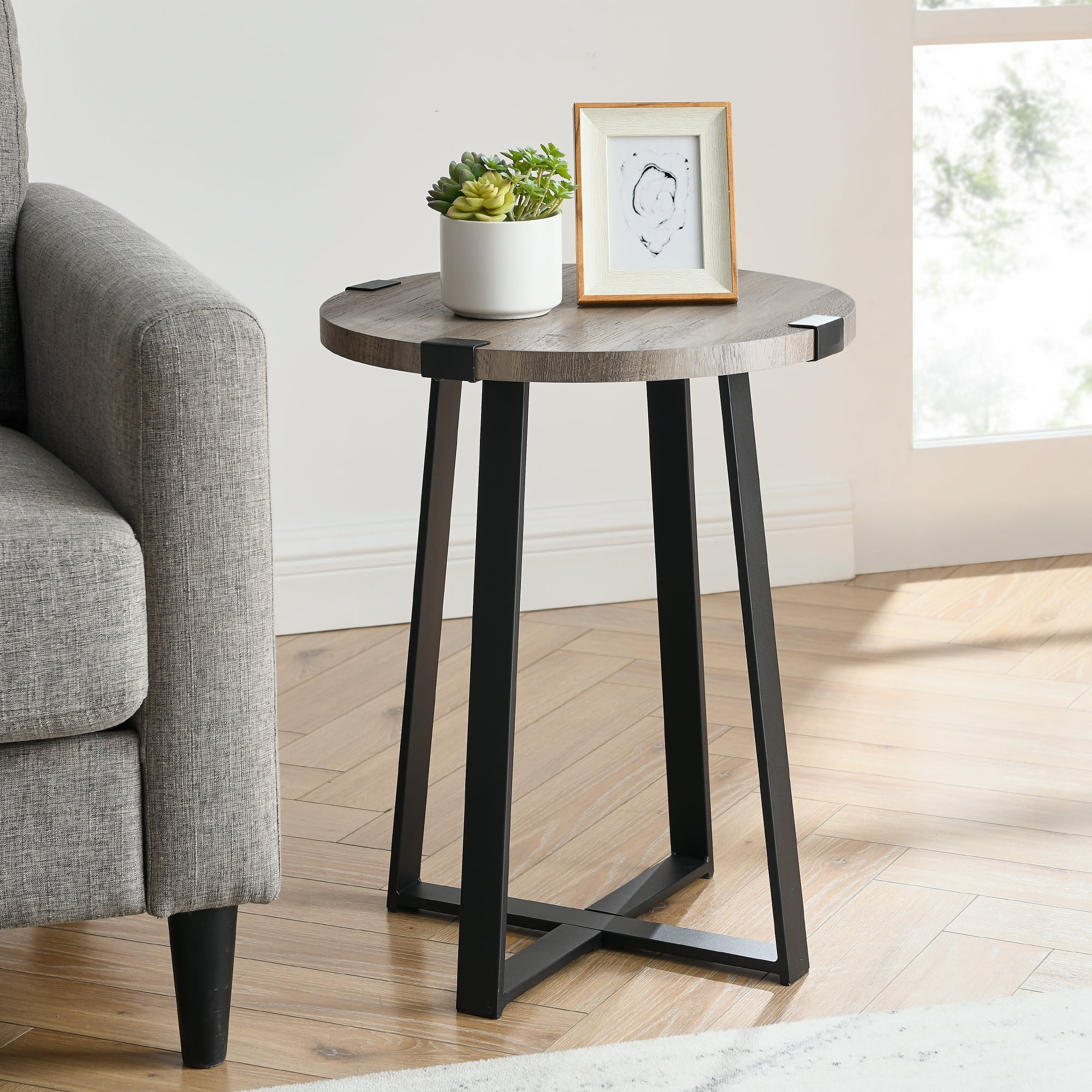 Free Shipping! Walker Edison Rustic Grey Wash Round End Table, Metal X ...