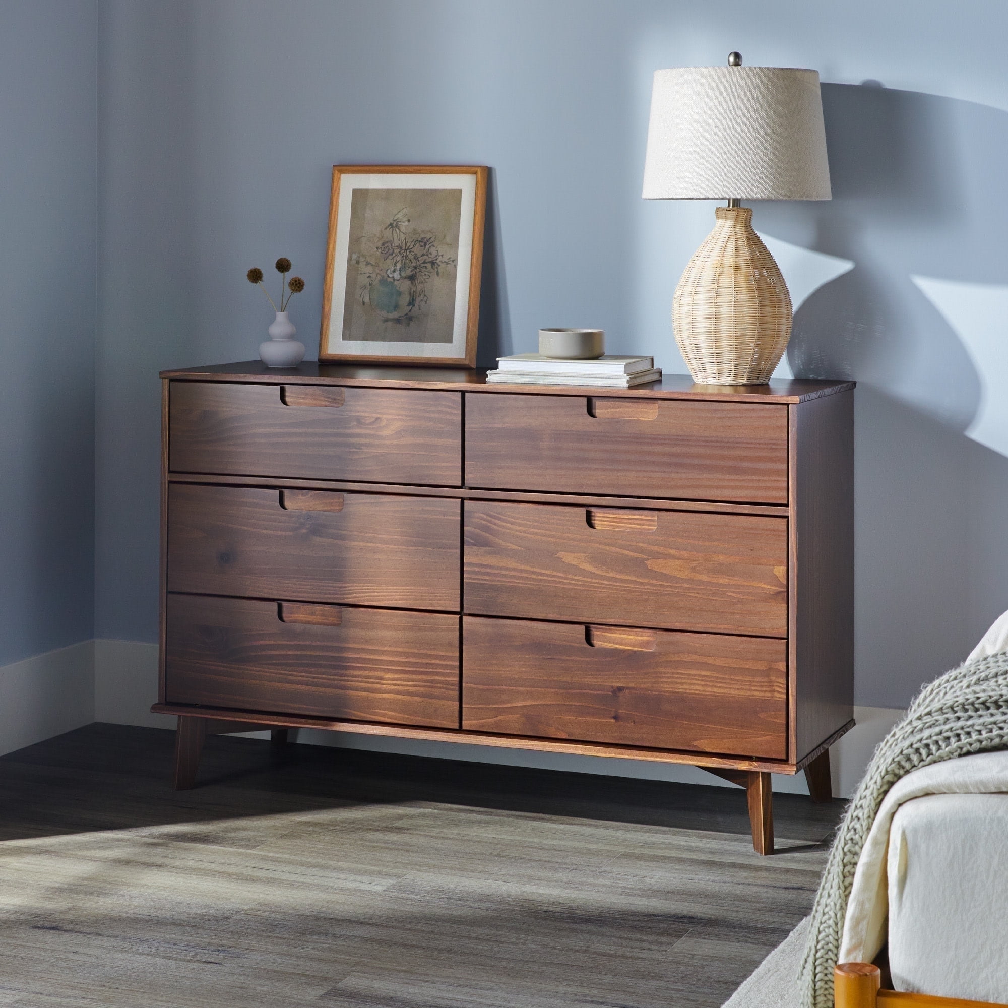 Walker Edison Walnut 6-Drawer Solid Wood Dresser, Mid-Century Style ...