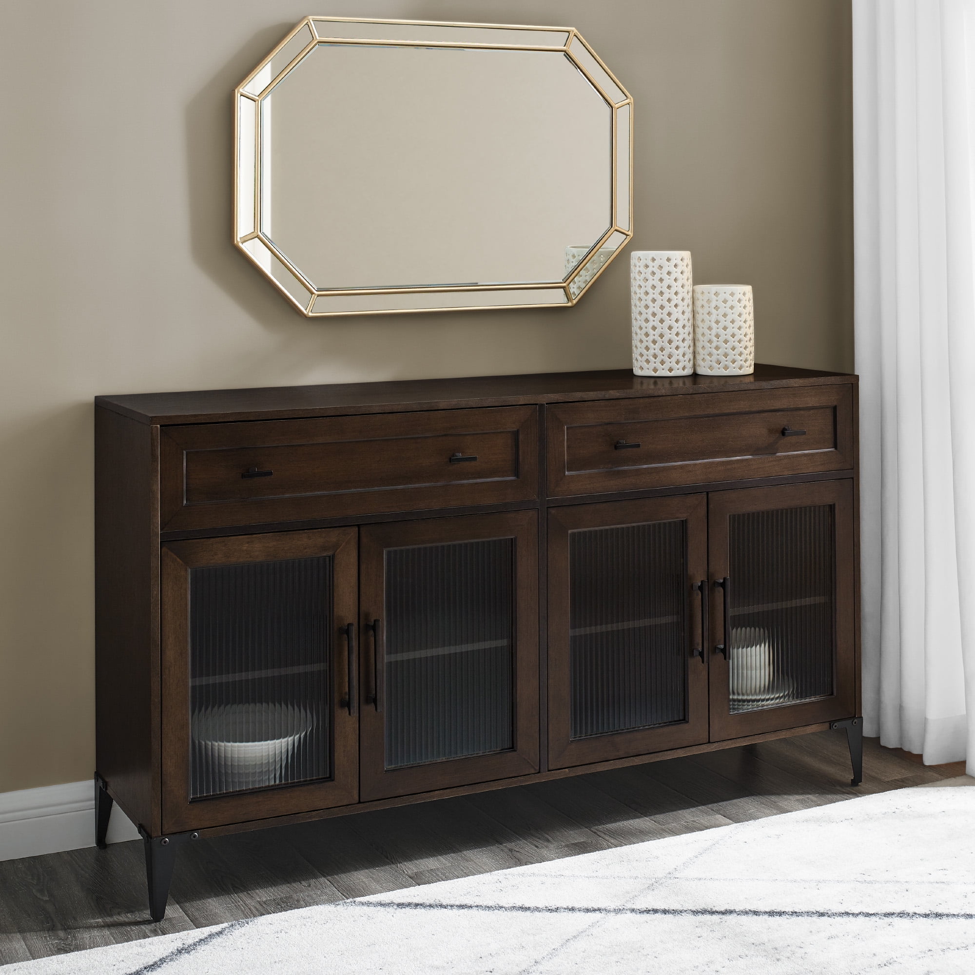 Walker Edison Transitional Sideboard with 4 Fluted Glass Doors, Dark ...