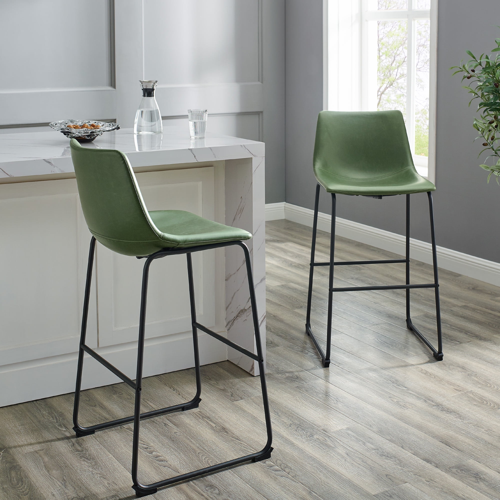 Walker Edison Urban Industrial Faux Leather Bar Stools, Set of 2, Green ...
