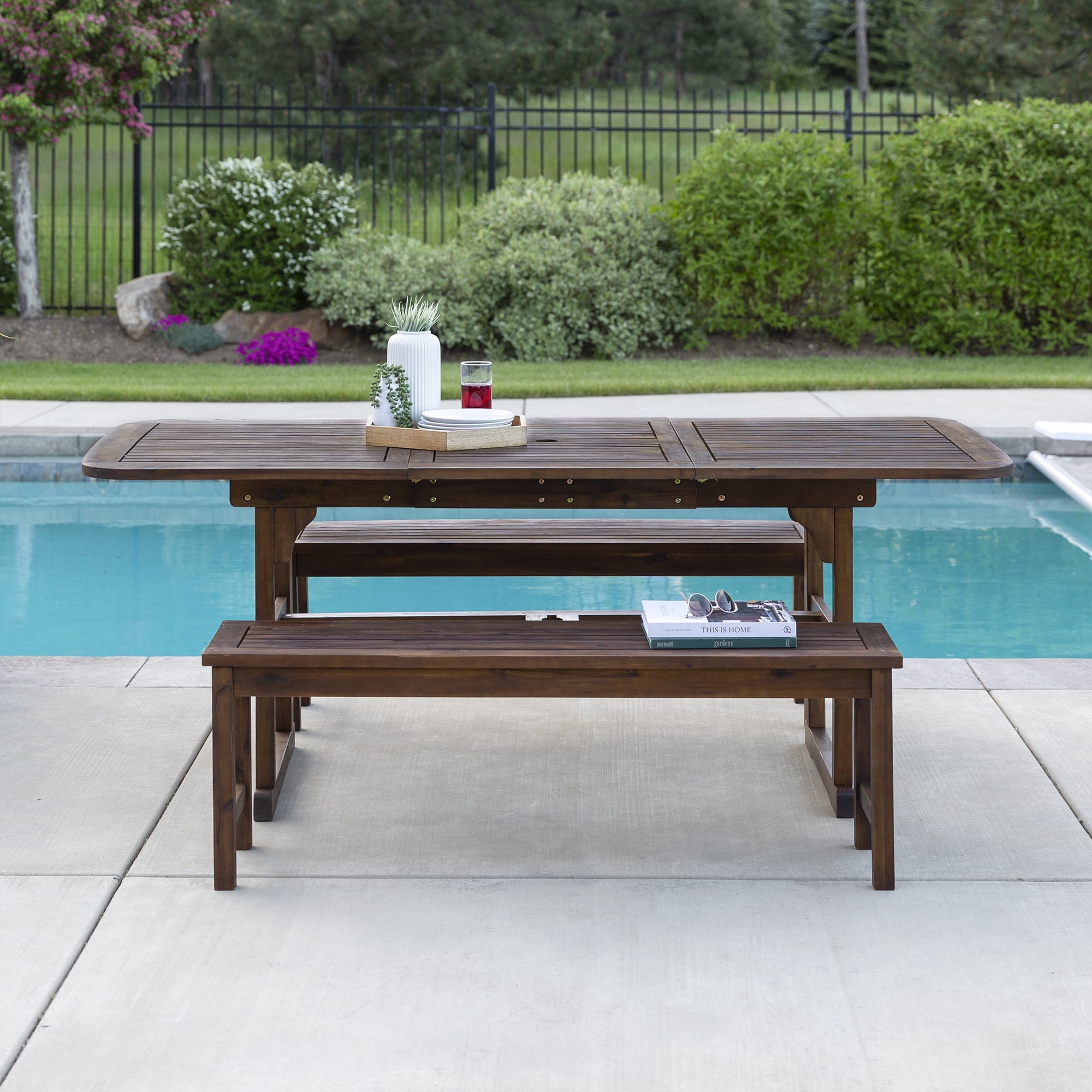 Walker Edison Wooden Picnic Table with Umbrella Hole, Dark Brown ...
