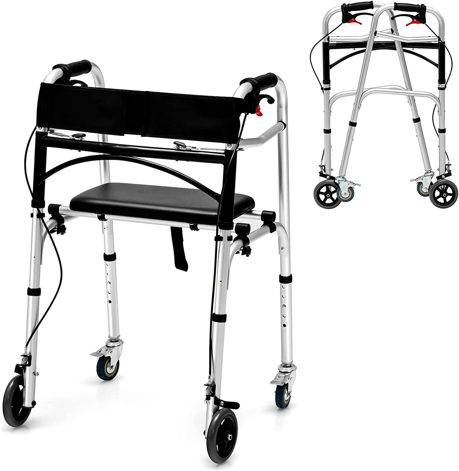 Walkers for Seniors, 4-in-1 Folding Walker with 5’’ Wheels, Detachable ...