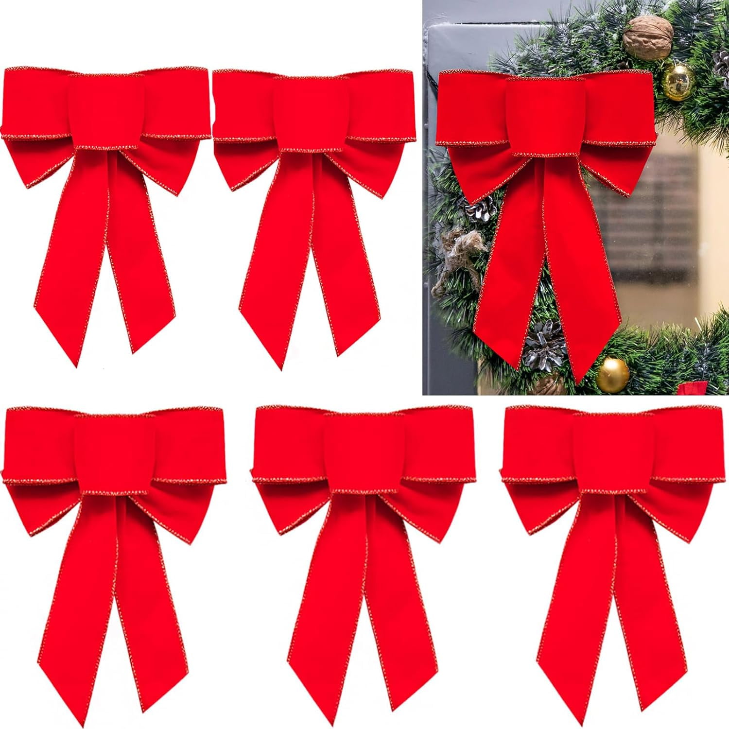 Walkfairy 6 Pcs Large Christmas Bows Red Velvet Bow with Glitter Gold ...