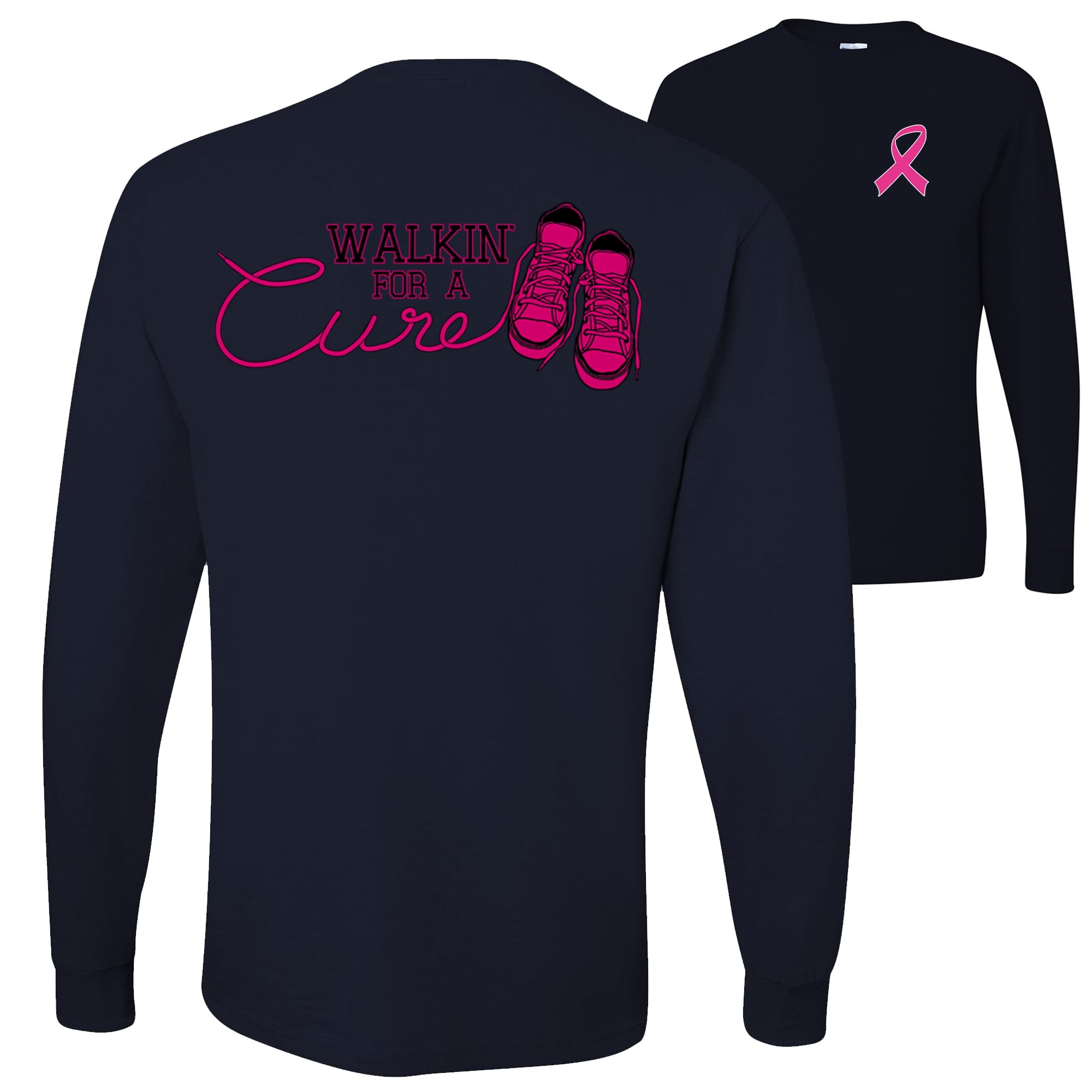 Walkin For A Cure Breast Cancer Awareness FRONT&BACK Mens Long Sleeves ...